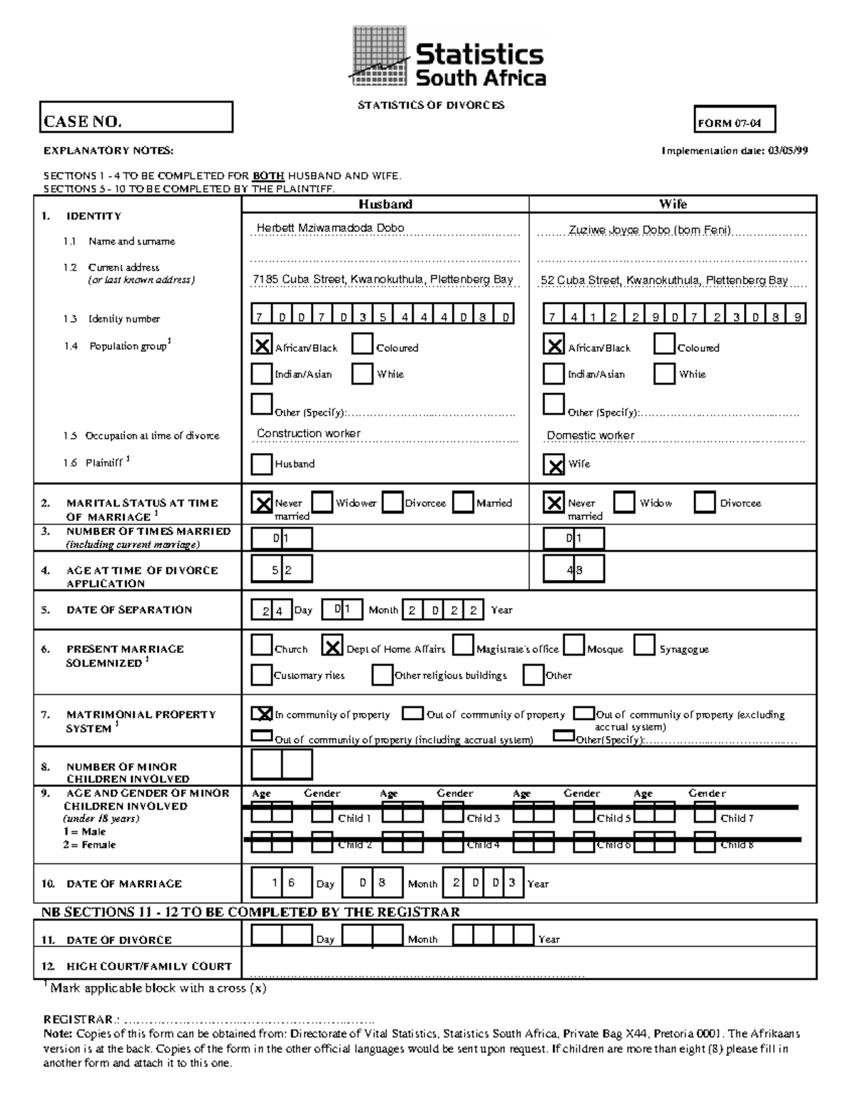 Divorce Statistics Form - STATISTICS OF DIVORCES CASE NO. FORM 07 ...