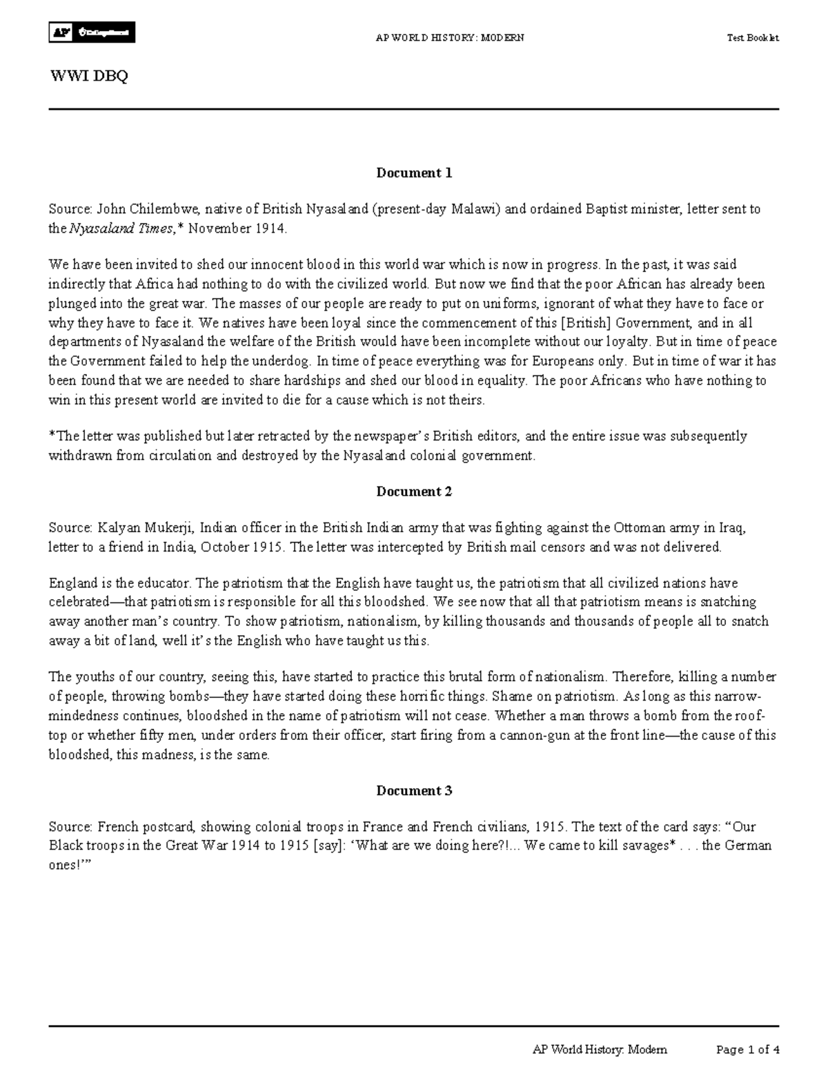 WWI DBQ - Analyzing the Causes and Effects on Colonized Peoples - Studocu