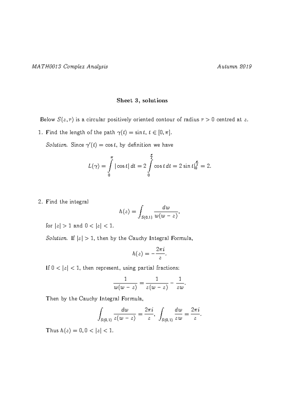 MATH0013 Complex Analysis Sheet 3 Solutions - Studocu