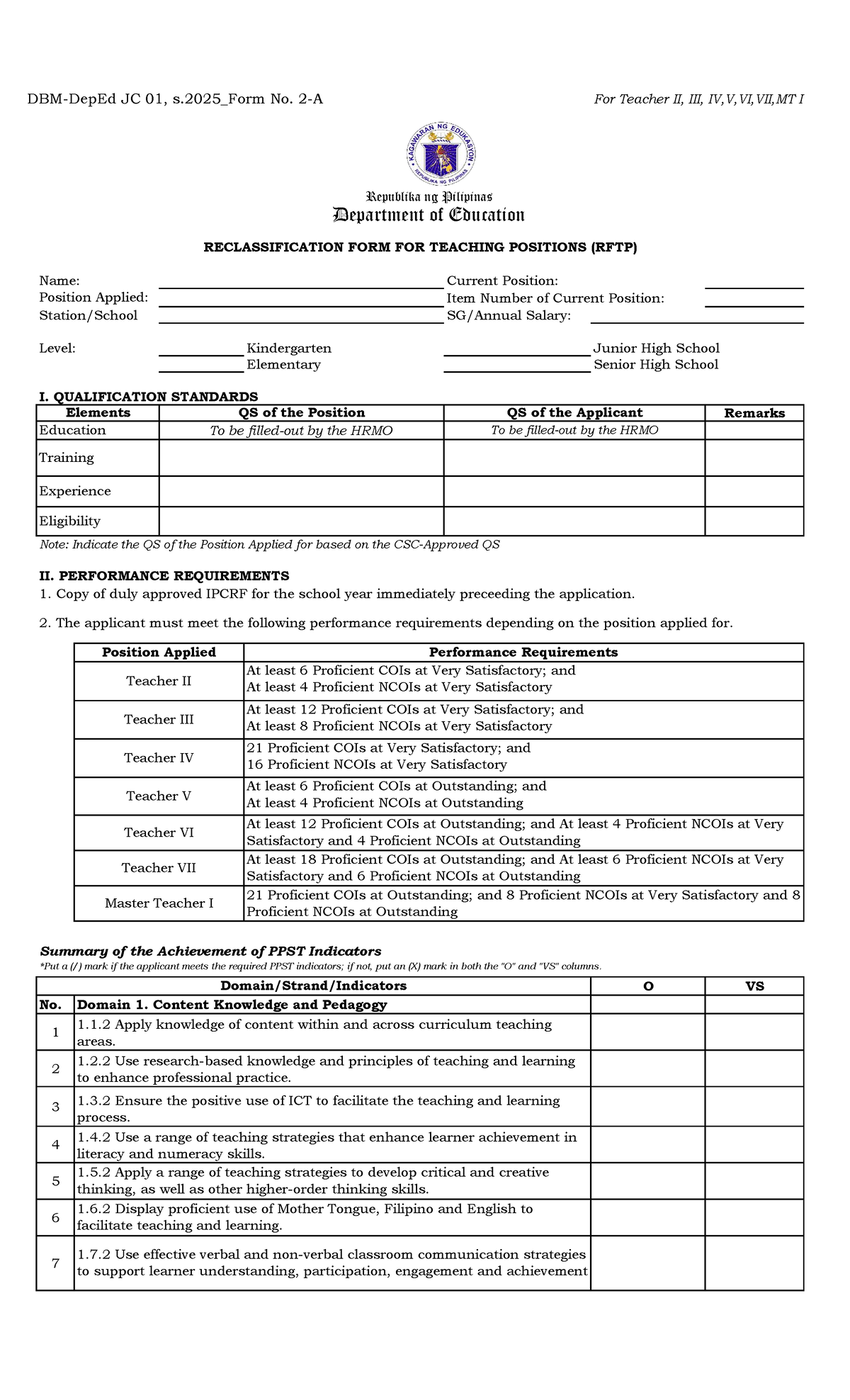 JC 01, s.2025_Reclassification Form for Teacher II to VII Positions - Studocu