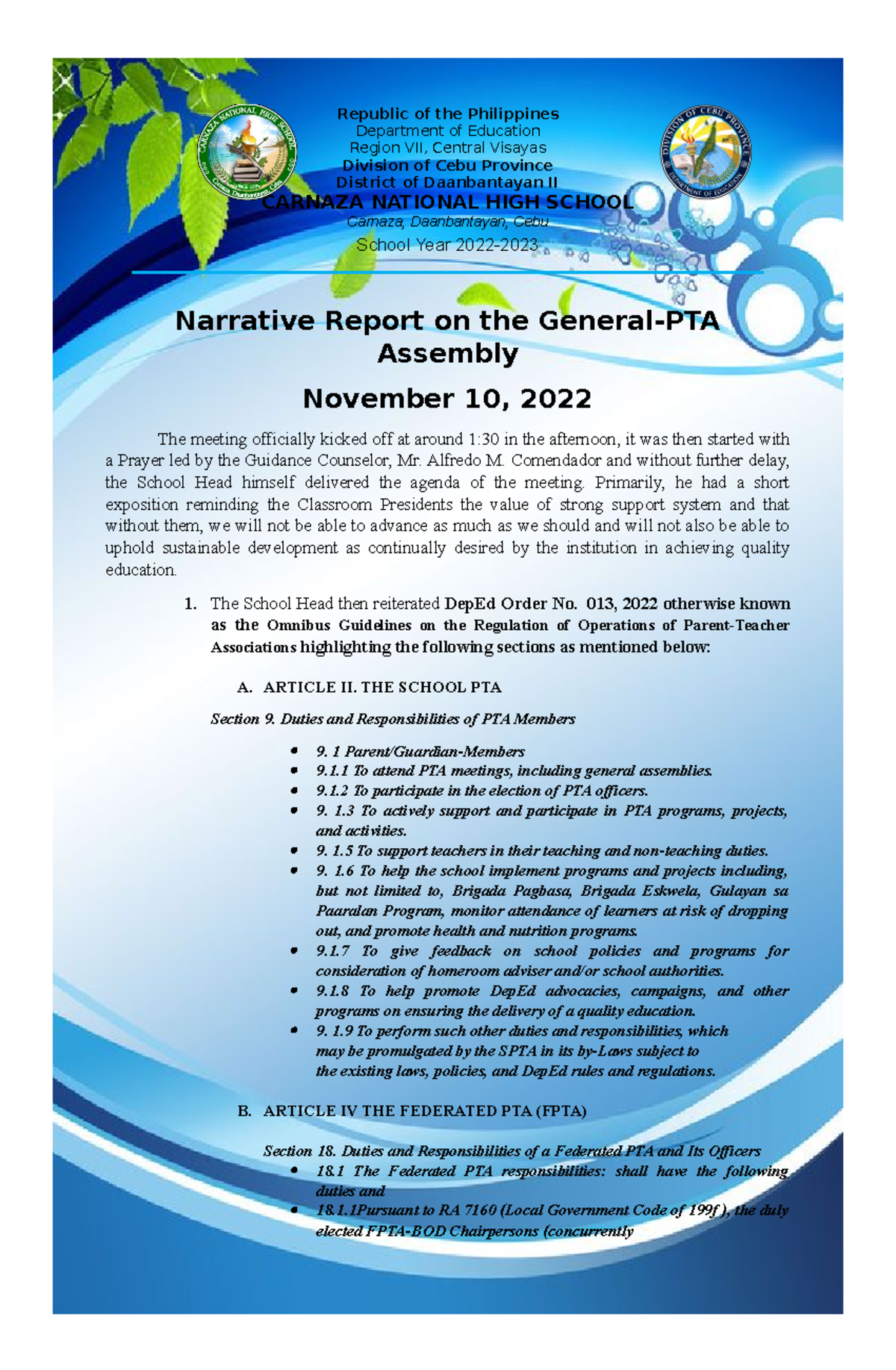 Narrative Report on the General PTA Assembly - SY 2022-2023 - Studocu