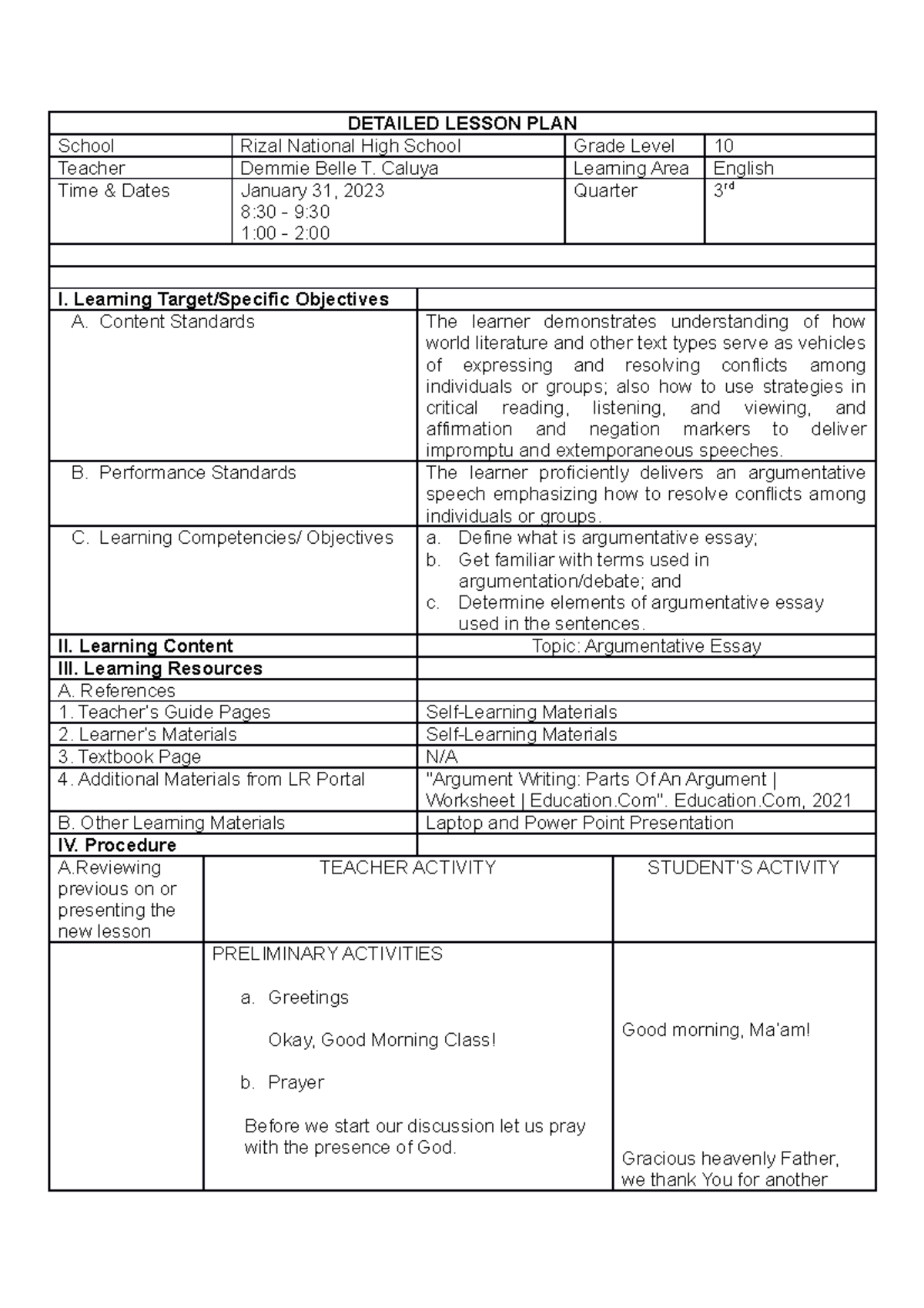 DLP-Grade 10 - Lesson Plan for Argumentative Essay Writing - Studocu