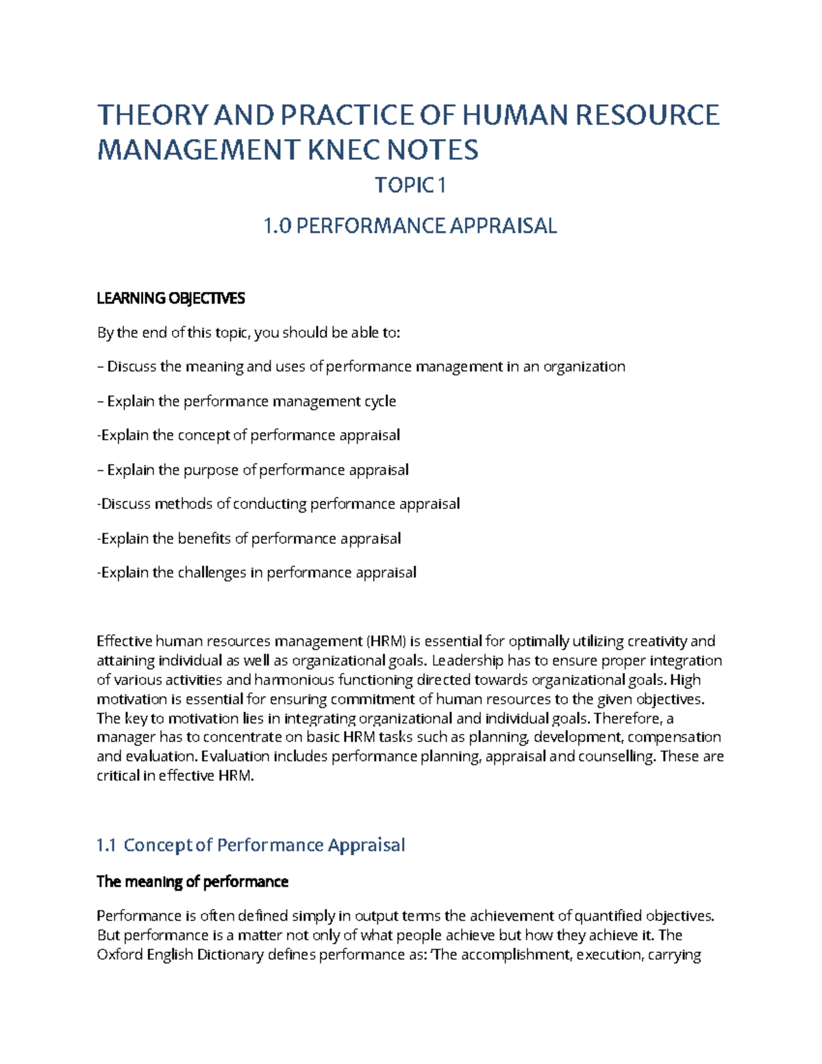 Theory AND Practice OF Human Resource Management KNEC Notes - THEORY ...