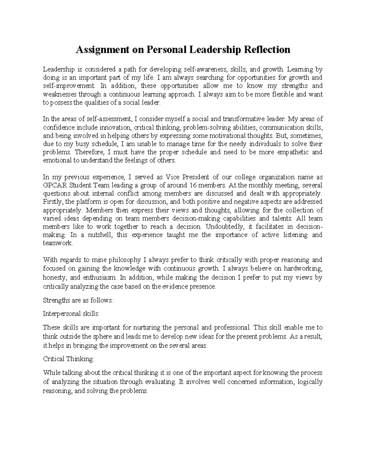 Assignment on Personal Leadership Reflection: Self-Assessment & Growth ...