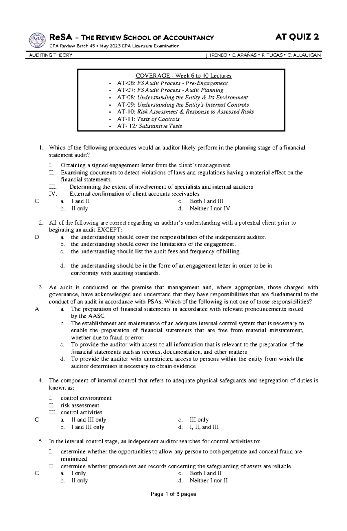 ReSA CPA Review Batch 45: Quiz 2 on Auditing Theory (May 2023) - Studocu