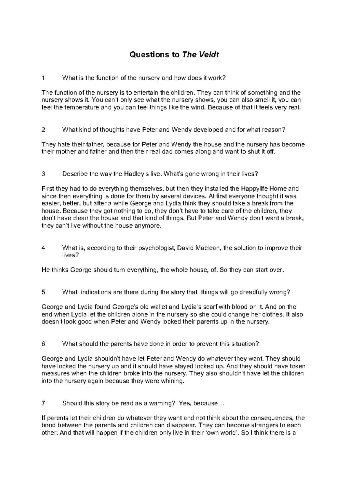 V4 ENG Questions on The Veldt Analysis and Insights - Studeersnel