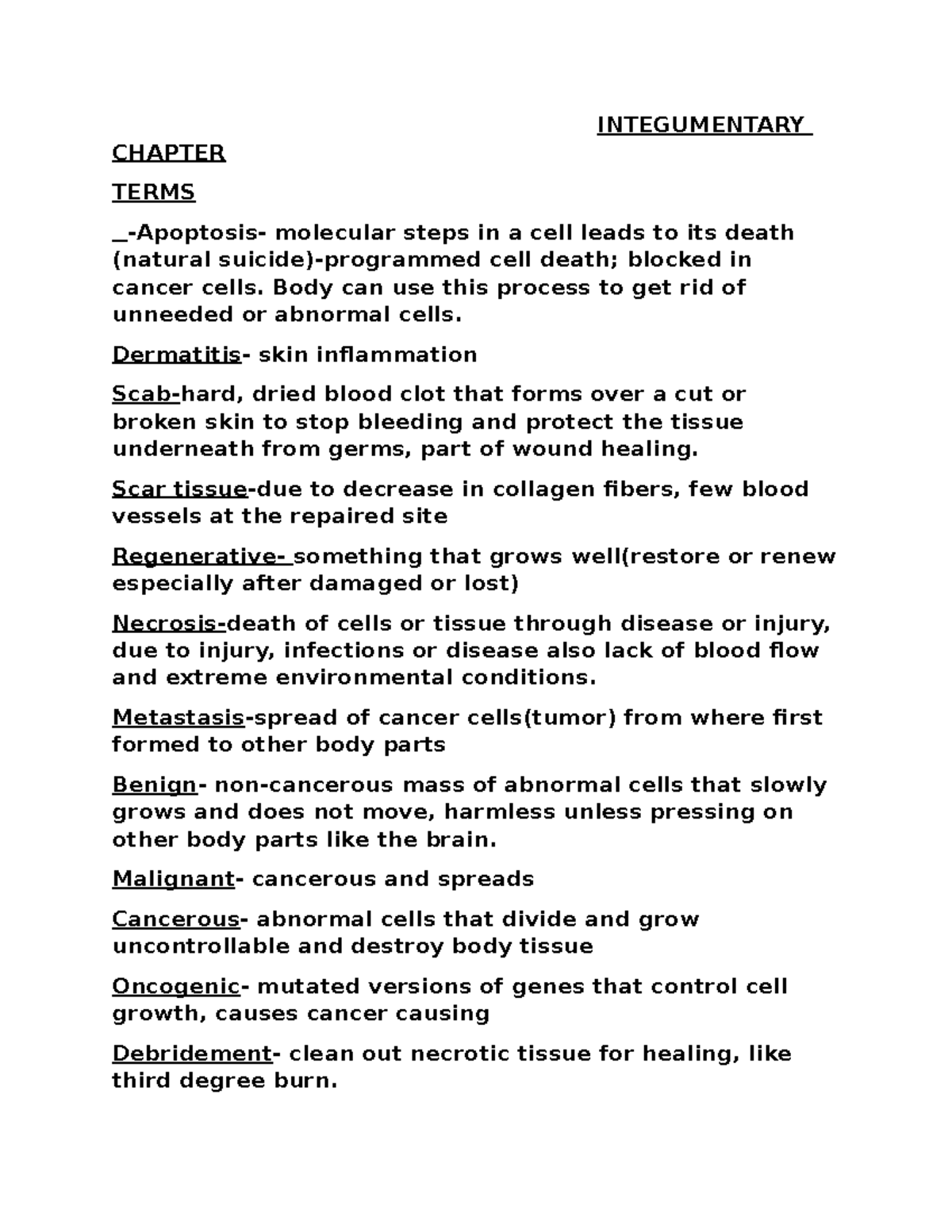 Integumentary System Overview and Key Terms - Anatomy (BIO101) - Studocu