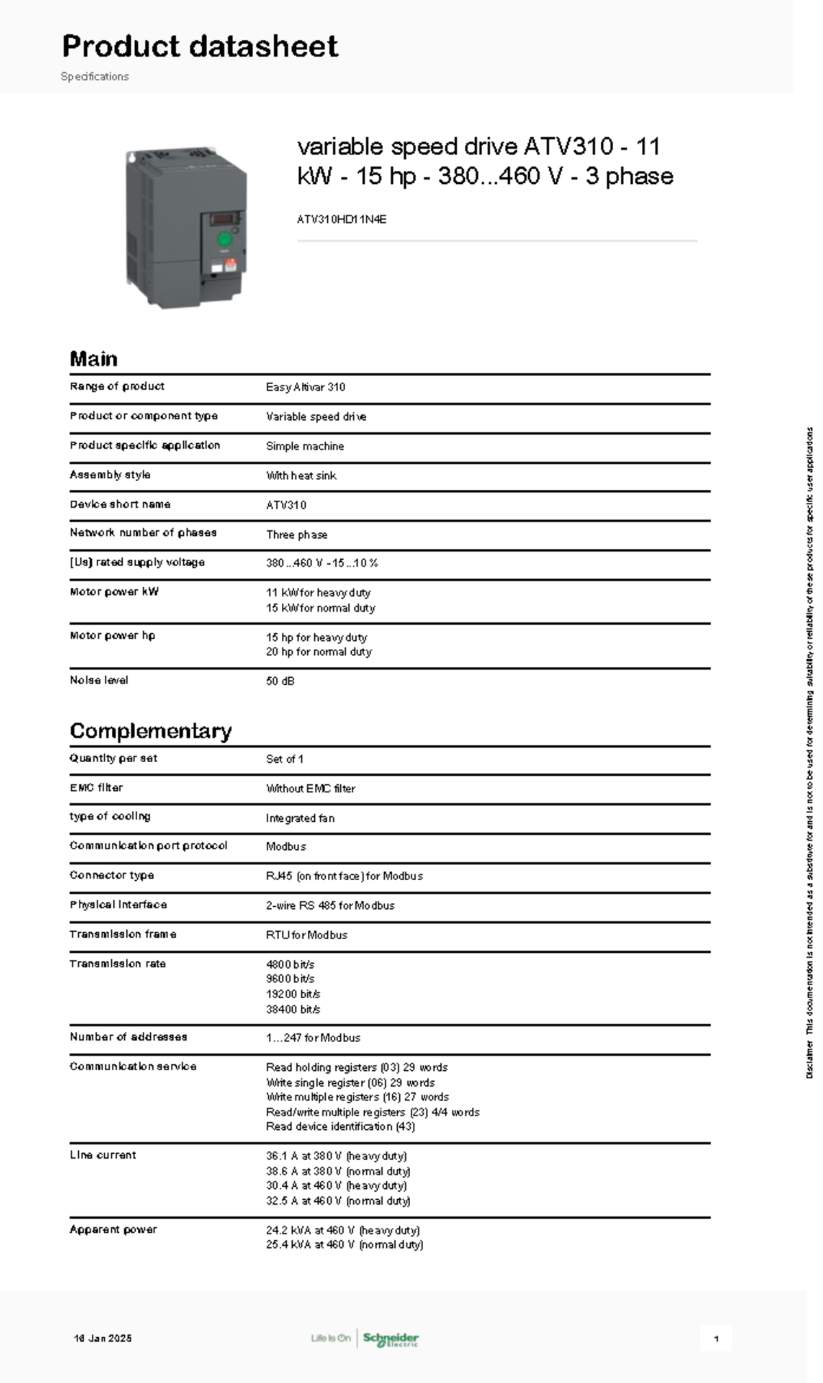 Schneider Electric Altivar-Easy-310 ATV310HD11N4E - variable speed ...