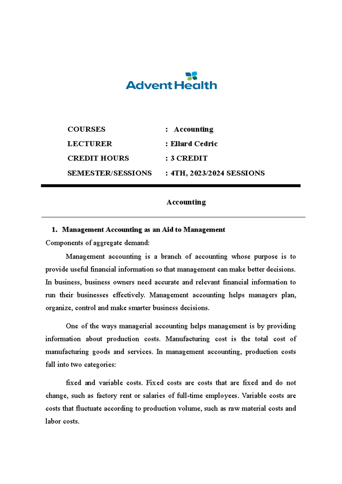 Management Accounting Insights for Effective Decision Making (ACC 101 ...