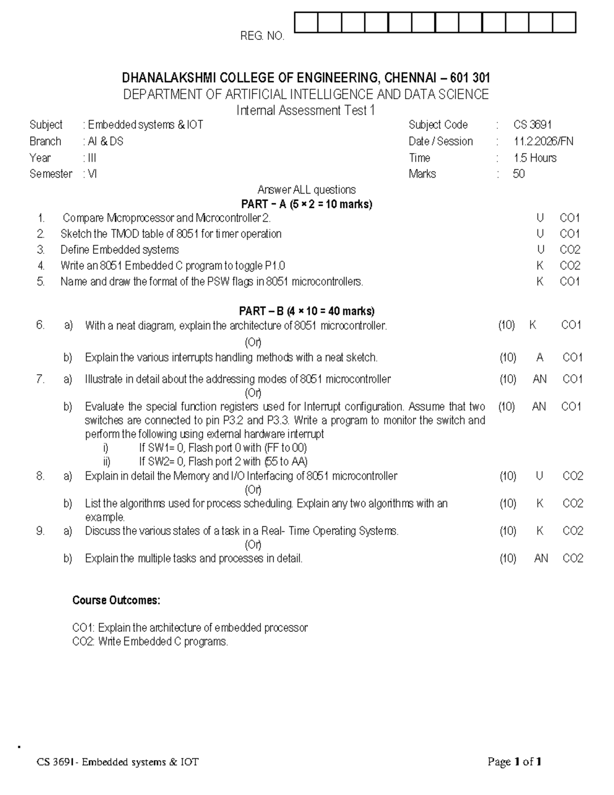 IAT 1: Embedded Systems IOT - AI DS (CS 3691) Assessment Notes - Studocu