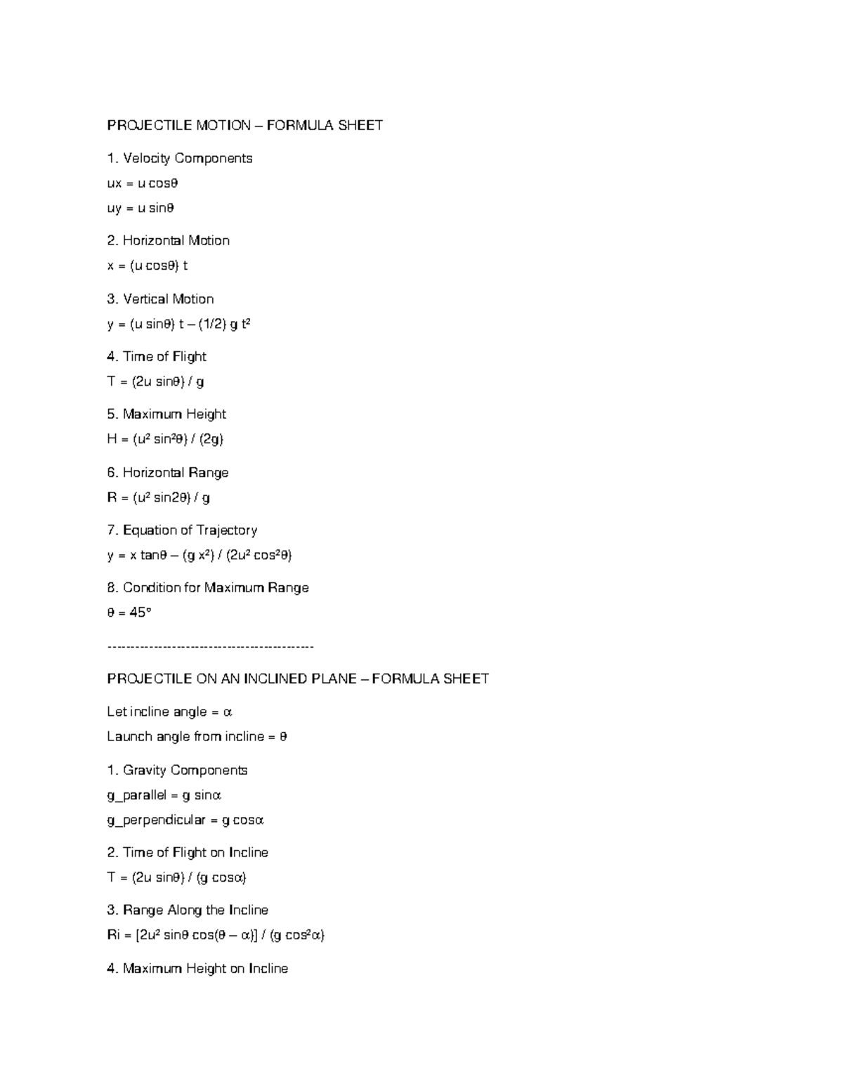 Projectile Motion Formula Sheet: Key Equations & Concepts - Studocu