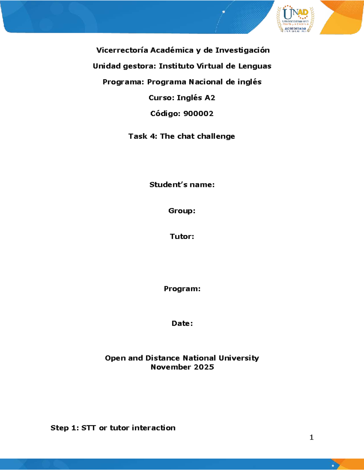 Inglés A2 - Task 4: The Chat Challenge Submission Template - Studocu