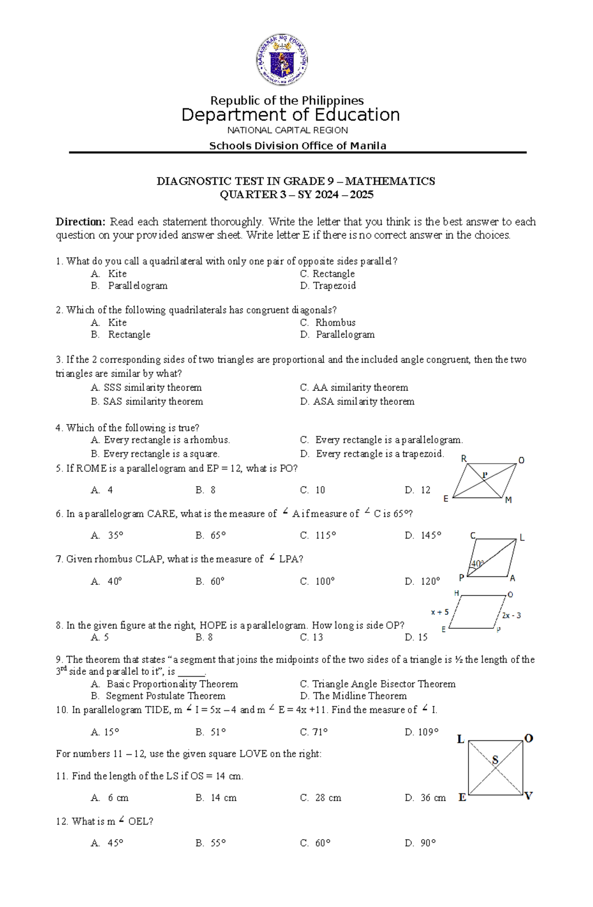 Q3 Grade-9 Math Diagnostic Test 2024-2025 - Studocu