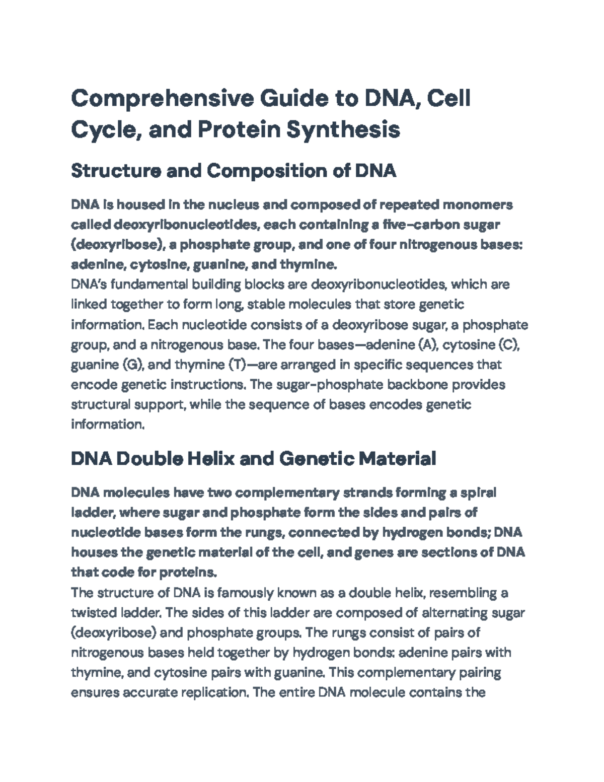 Comprehensive Guide to DNA Structure, Cell Cycle, and Protein Synthesis ...