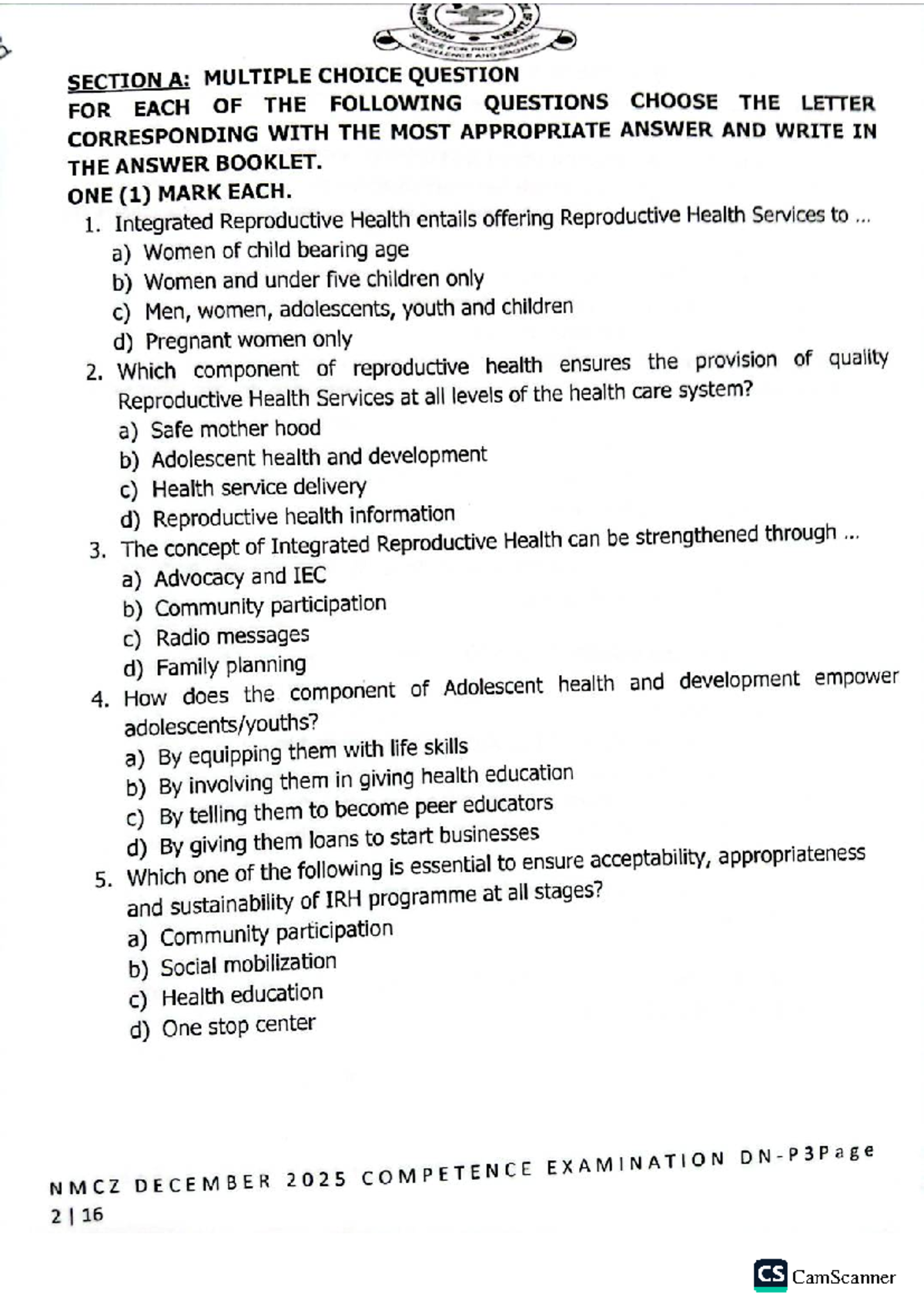 NMCZ DECEMBER 2025 COMPETENCE EXAMINATION: INTEGRATED REPRODUCTIVE ...
