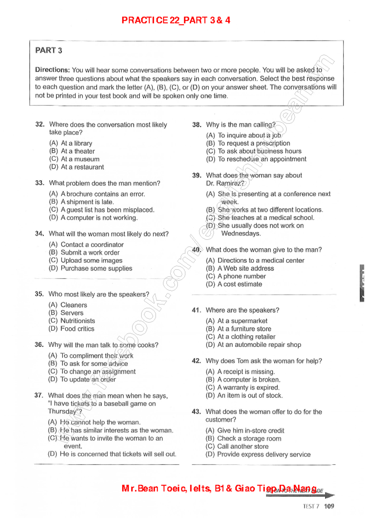 Listening Practice 22 Parts 3 & 4: Conversation Questions - Studocu