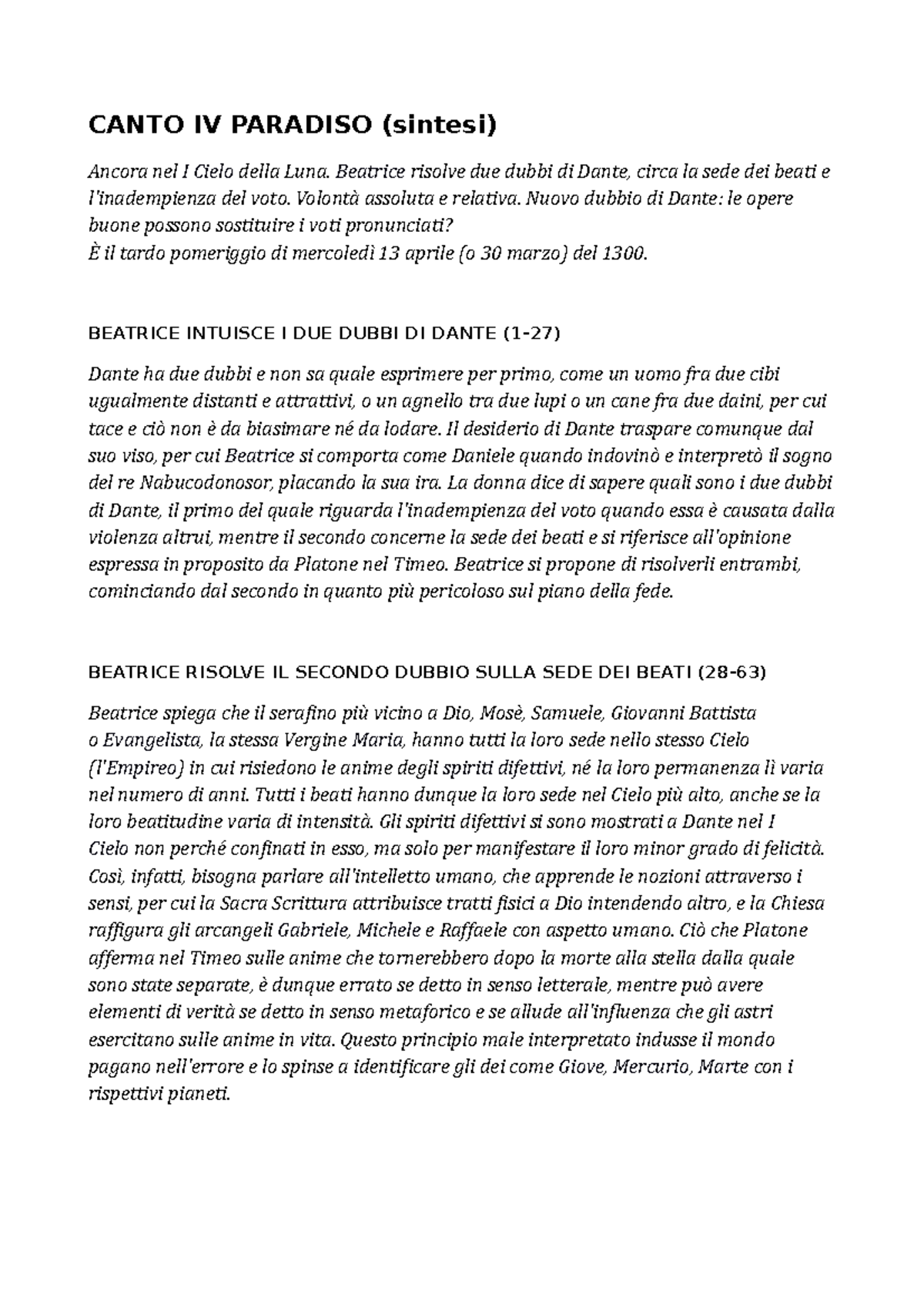 Canto IV Paradiso: I Dubbi di Dante e le Risposte di Beatrice - Studocu