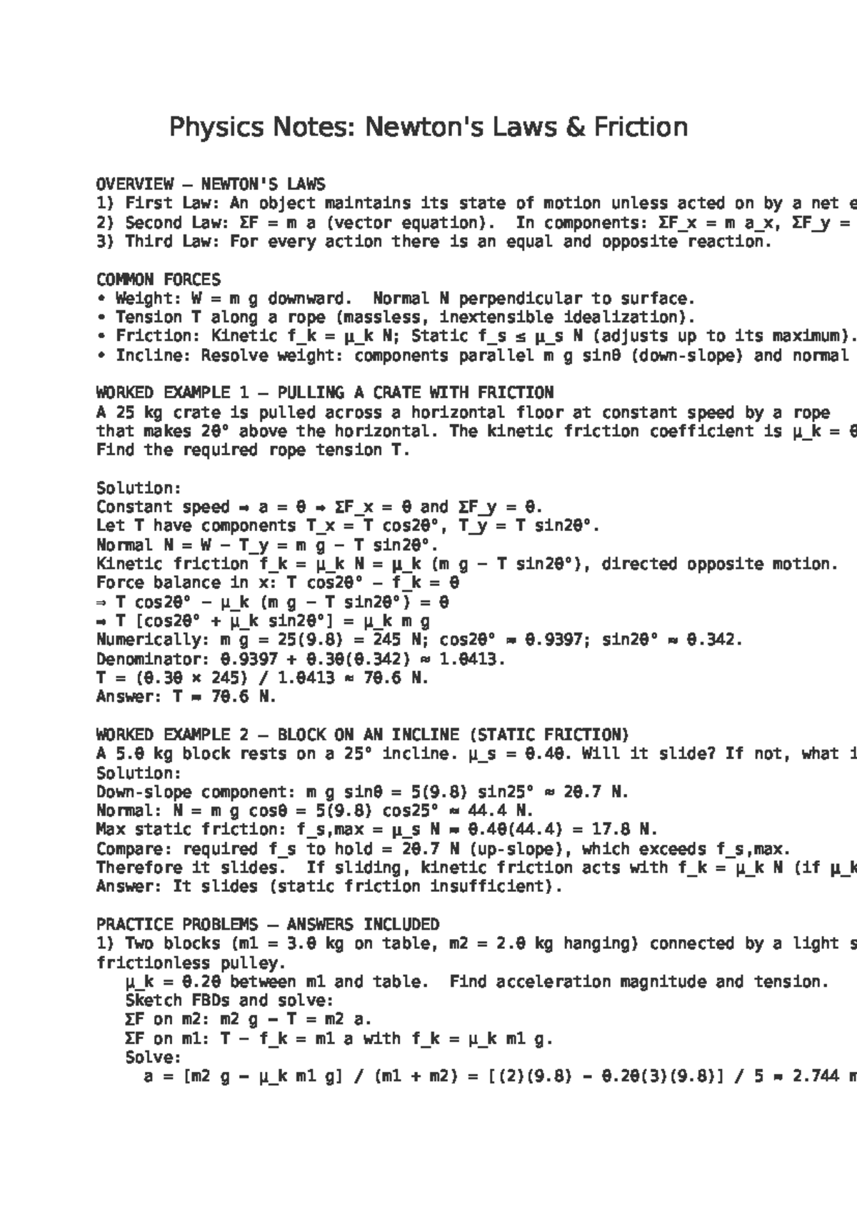 Physics 2: Overview of Newton's Laws & Friction Concepts - Studocu