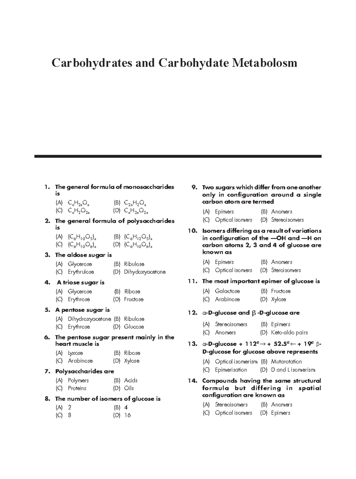 Carbohydrates MCQs - Multiple Choice Questions with answers ...