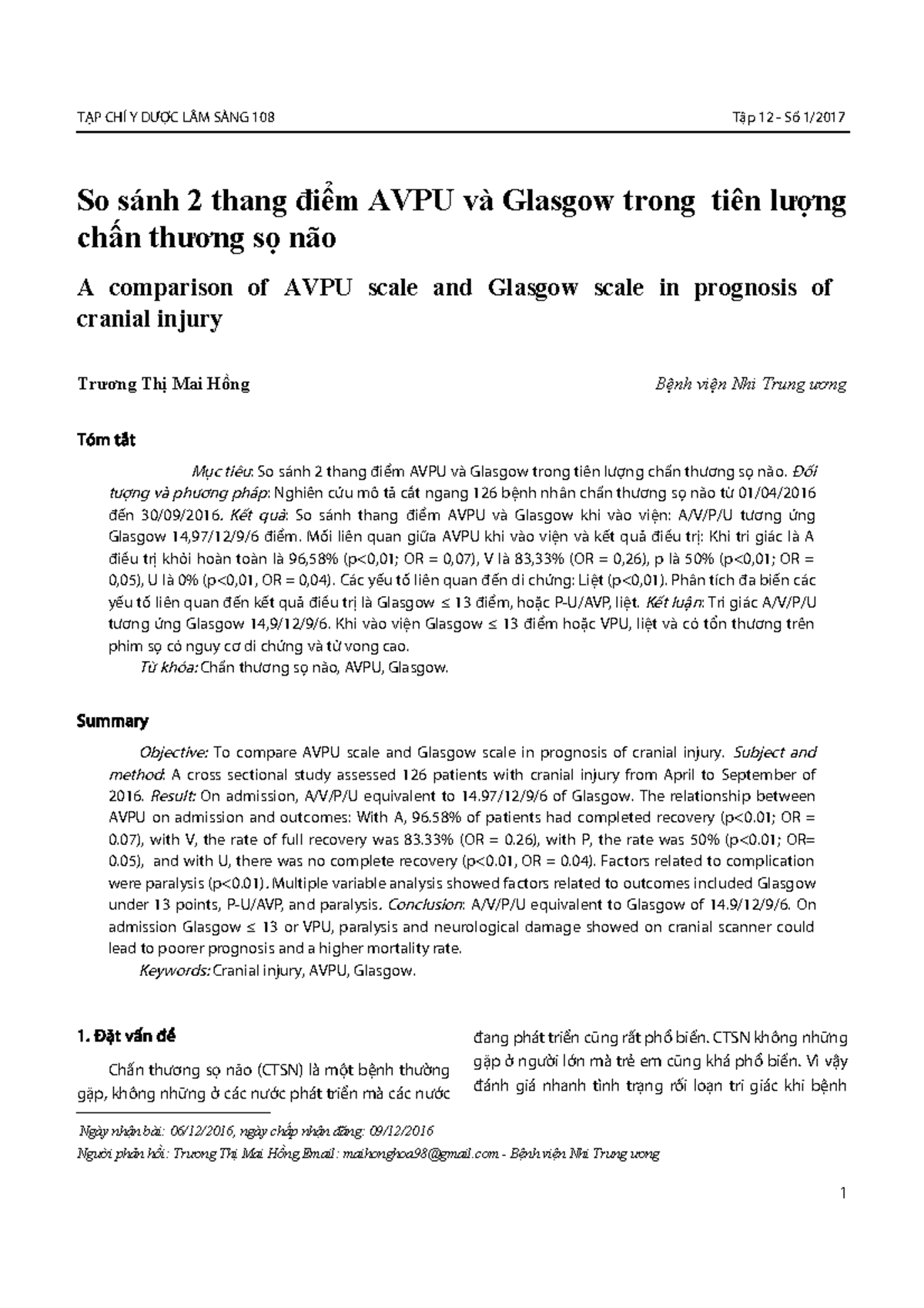 So sánh Thang Điểm AVPU và Glasgow trong Tiên Lượng Chấn Thương Sọ Não ...