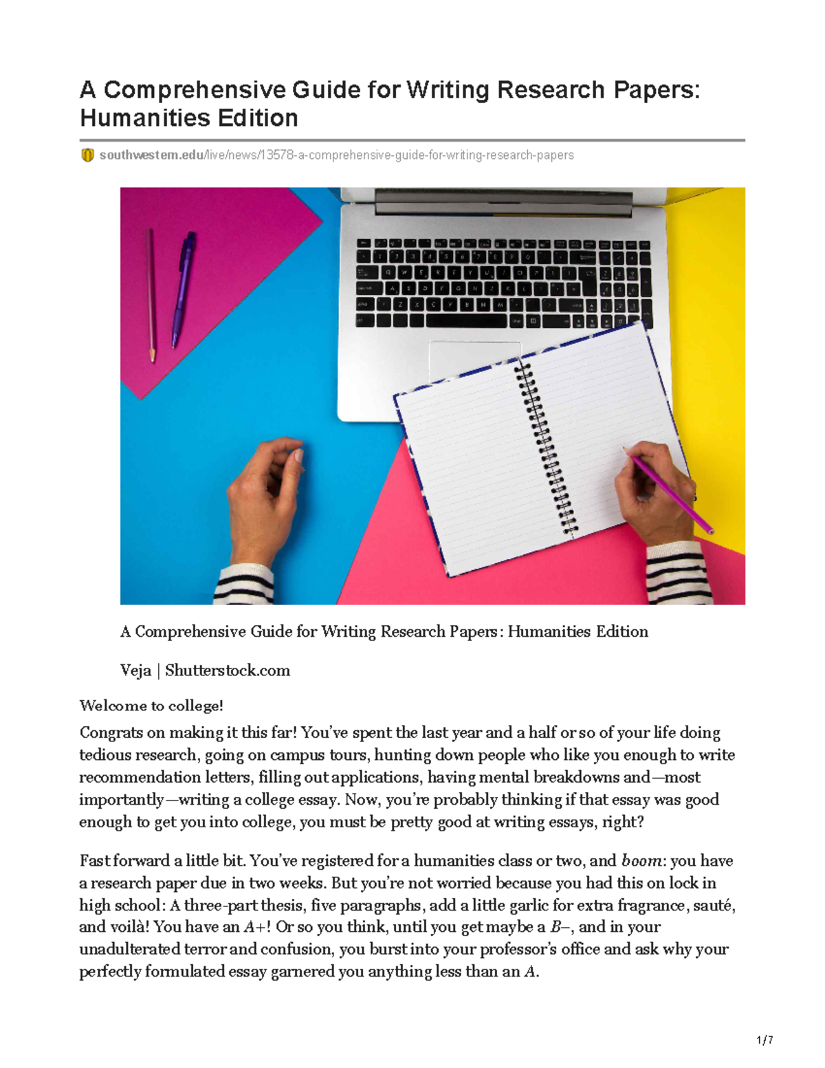 A Comprehensive Guide for Writing Research Papers Humanities Edition ...