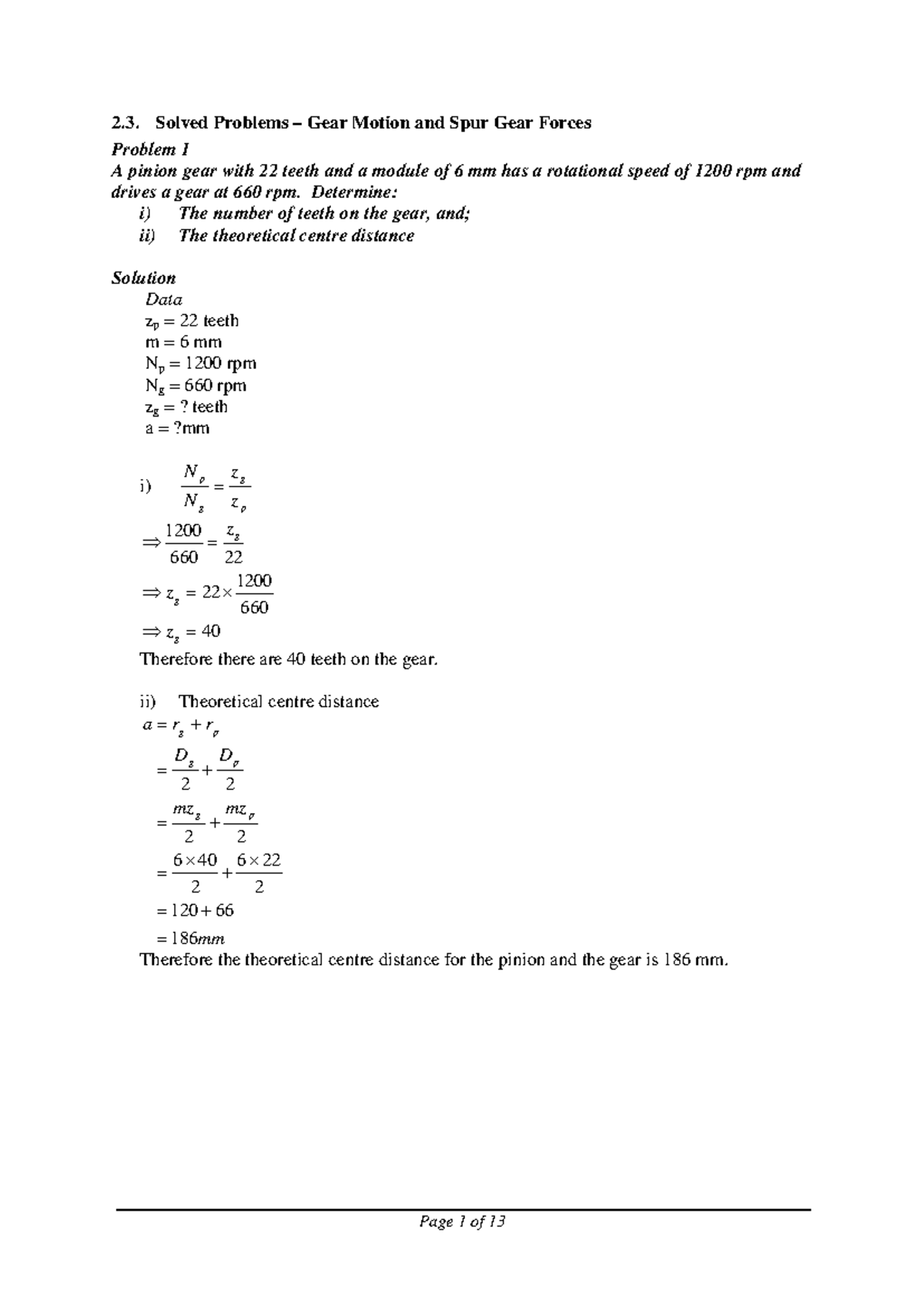 Spur Gear Calculations for Gear Motion and Forces Analysis - Studocu