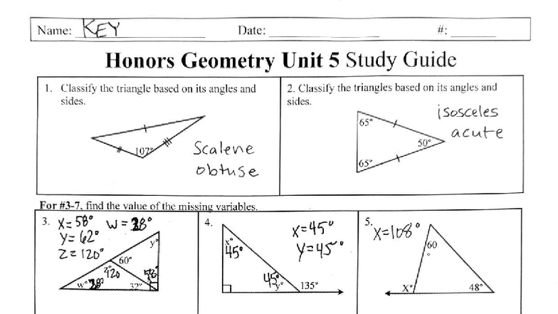 Honors Geometry Unit 5 Study Guide Key: Triangle Classification - Studocu