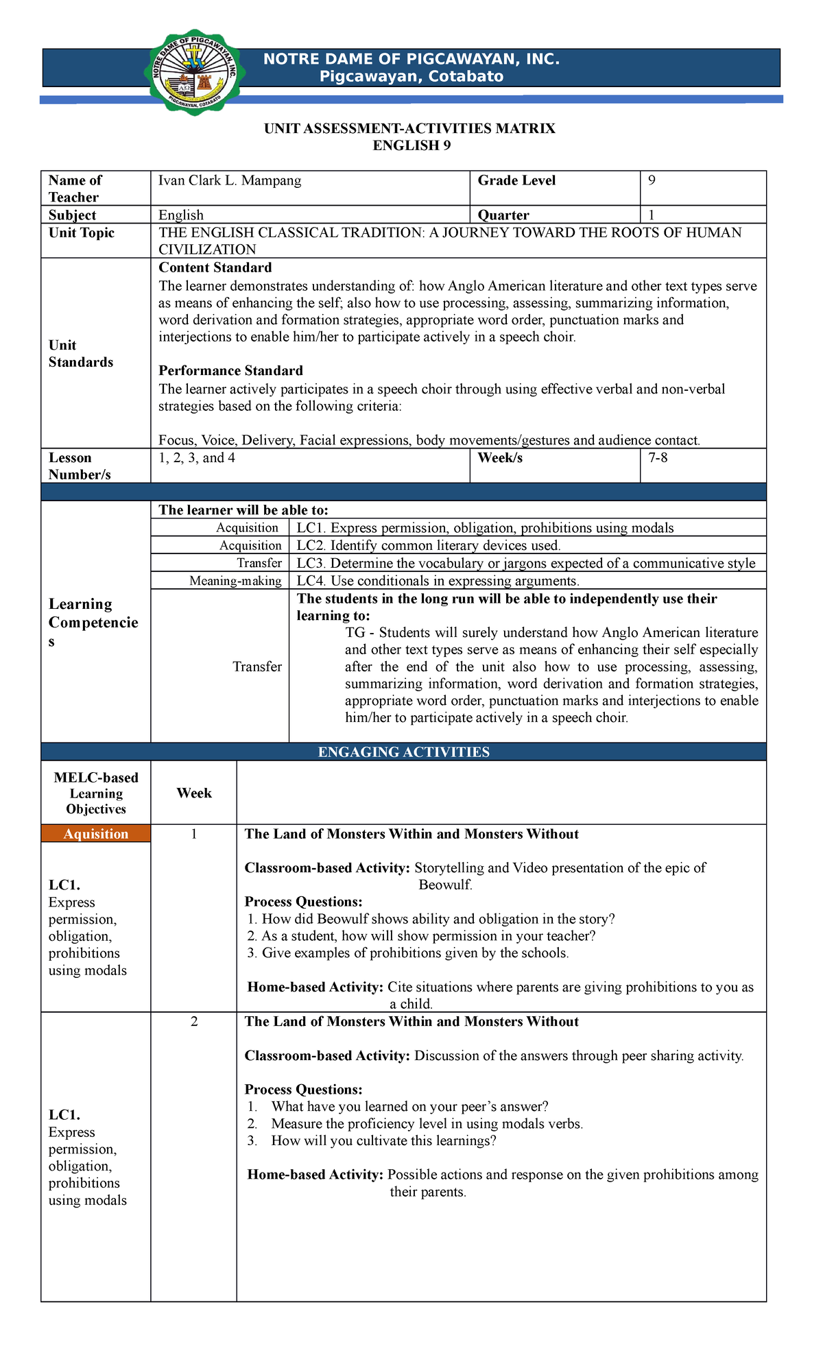 UNIT Assessment Matrix - English 9 - NOTRE DAME OF PIGCAWAYAN, INC ...