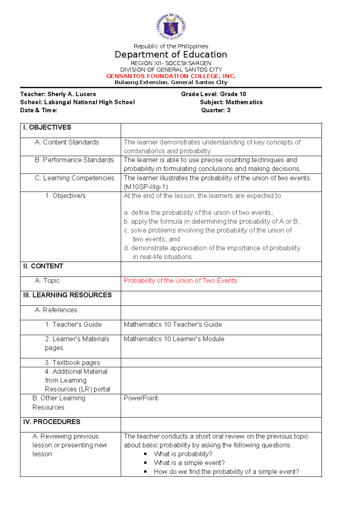 Mathematics 10 Lesson Plan: Probability of the Union of Two Events ...