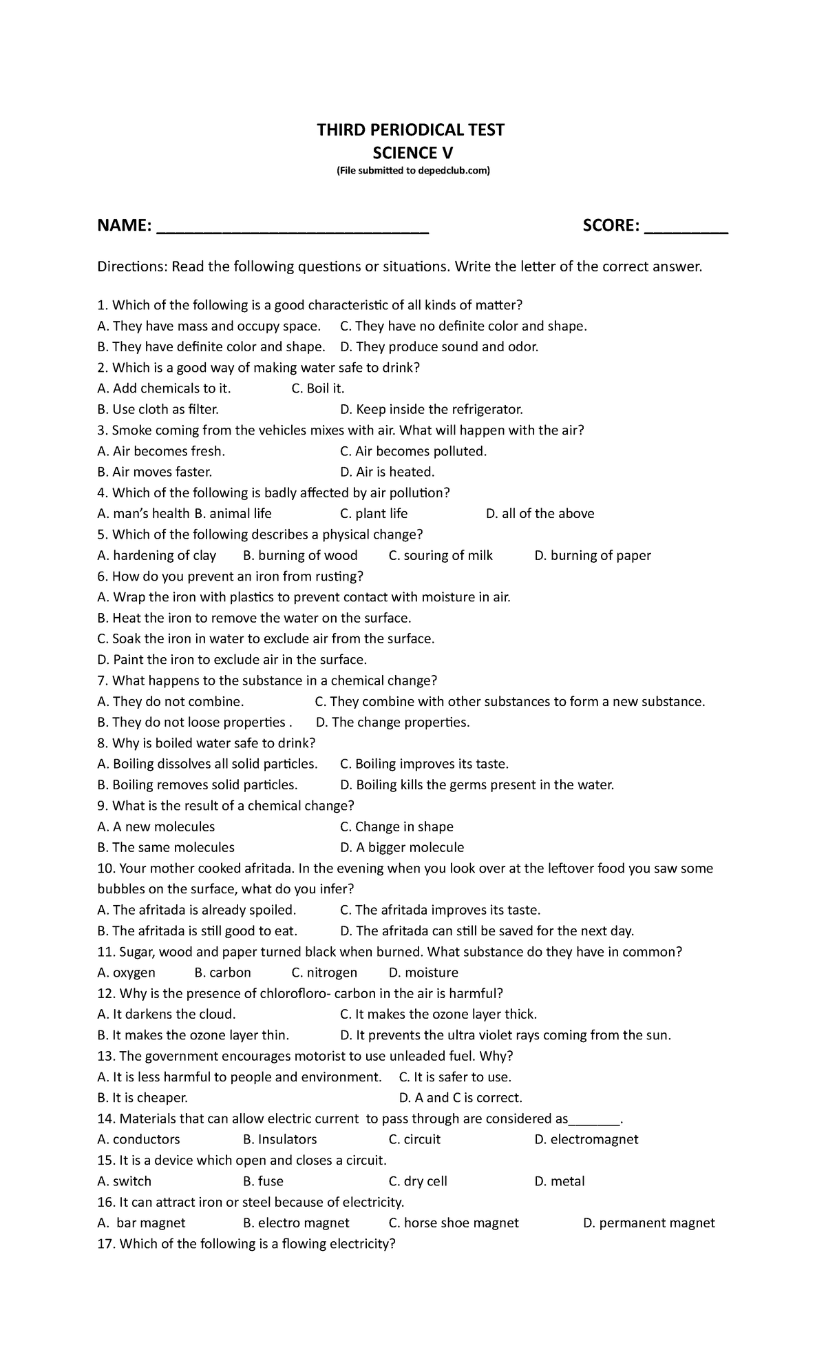 PT Science 5 Q3 - pERIODICAL EXAM - THIRD PERIODICAL TEST SCIENCE V ...