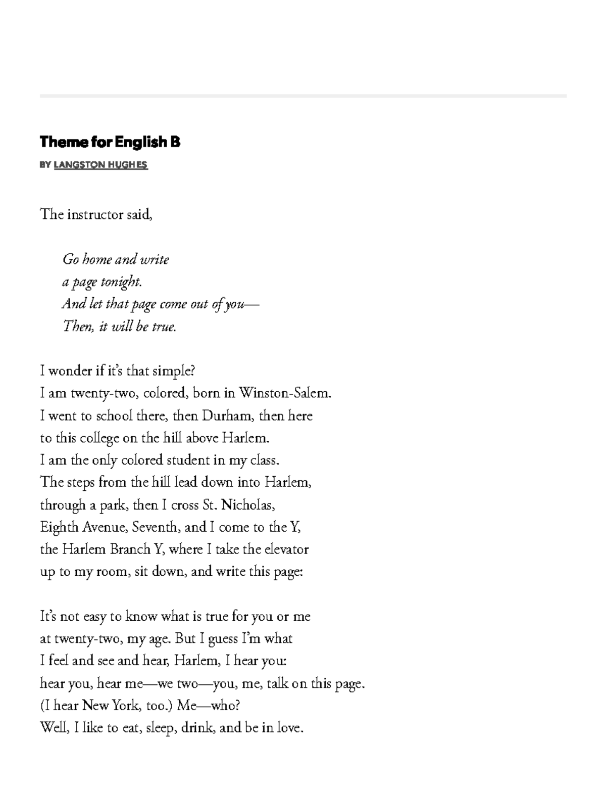 Theme for English B - Langston Hughes Analysis (ENG 101) - Studocu