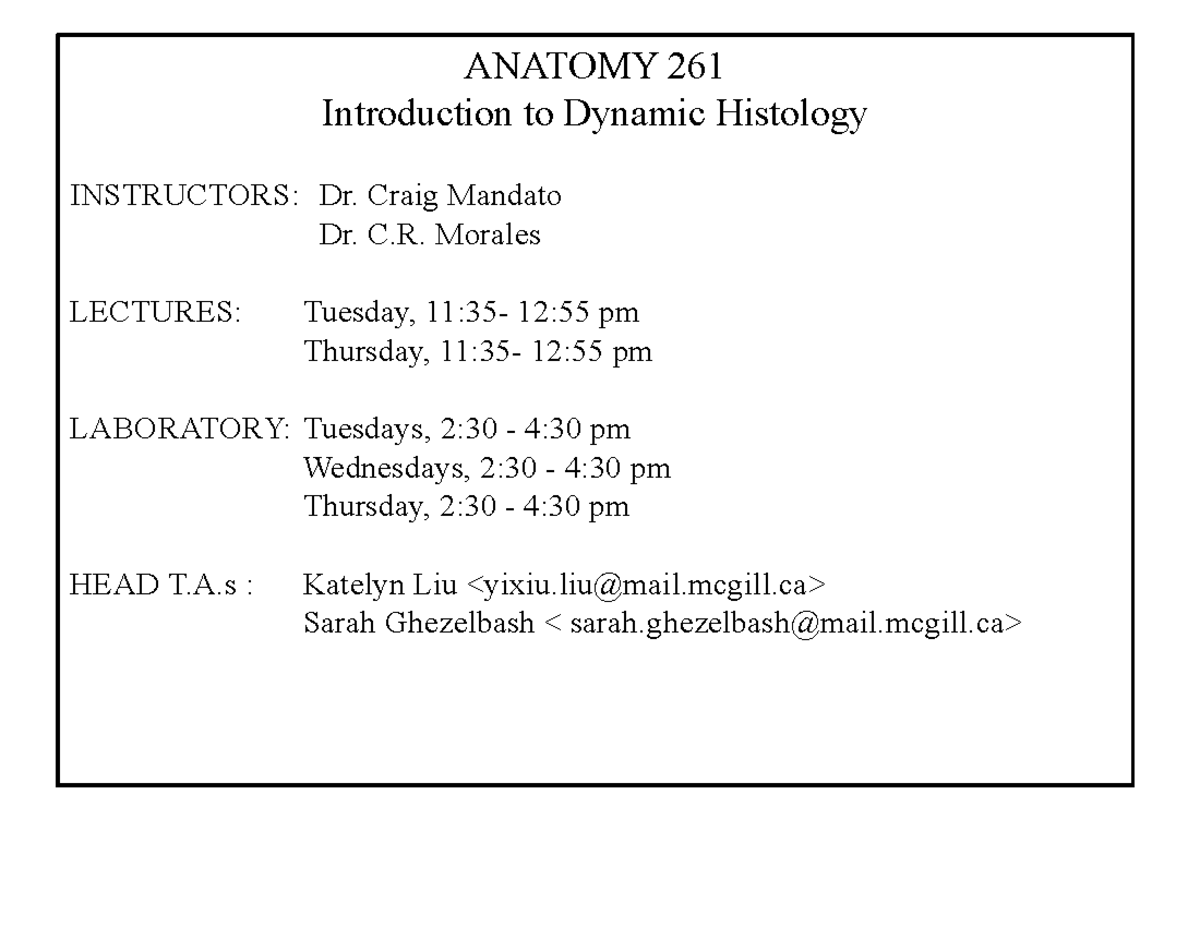 ANAT 261 Introduction to Dynamic Histology Lecture Notes 2025 - Studocu