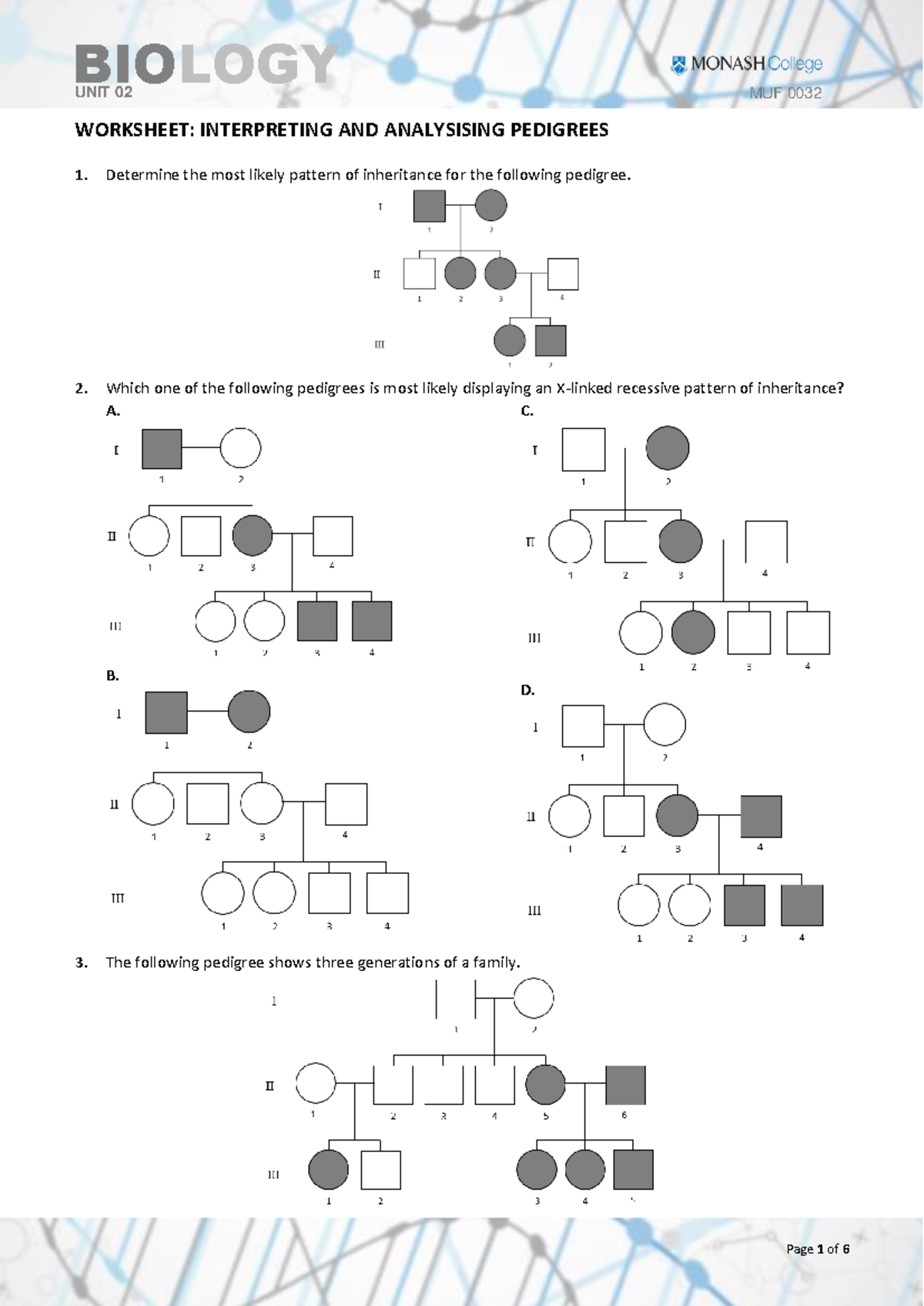 Pedigree analysis worksheet - BIOLOGY UNIT 02 MUF 0032 WORKSHEET ...