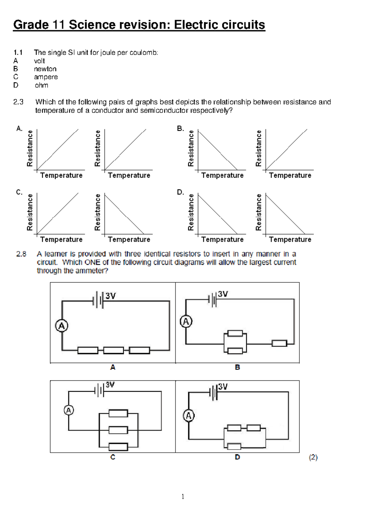 11Sci Grade 11 Science Lecture Notes: Electric Circuits Review - Studocu