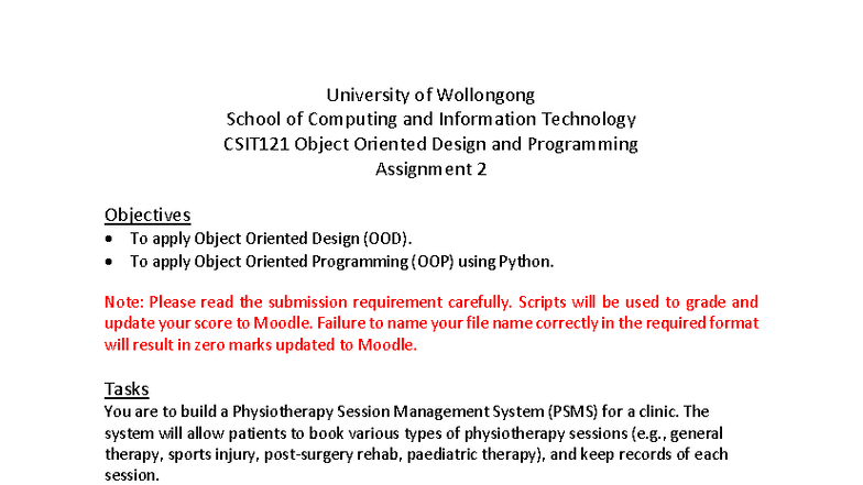 CSIT121 Assignment 2: Physiotherapy Session Management System - Studocu