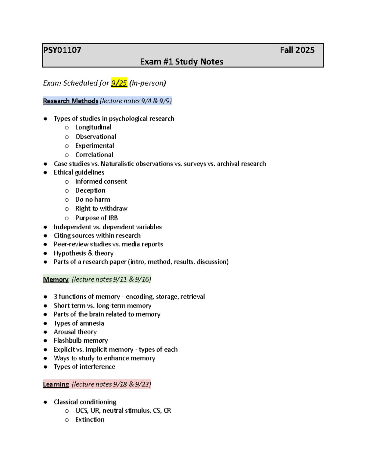 PSY01107 Fall 2025 Exam #1 Study Guide: Research Methods & Memory - Studocu