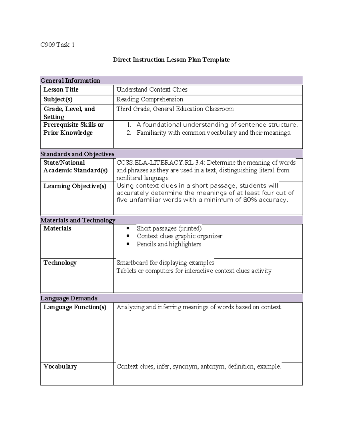 C909 Task 1 - Lesson Plan on Context Clues for 3rd Grade - Studocu