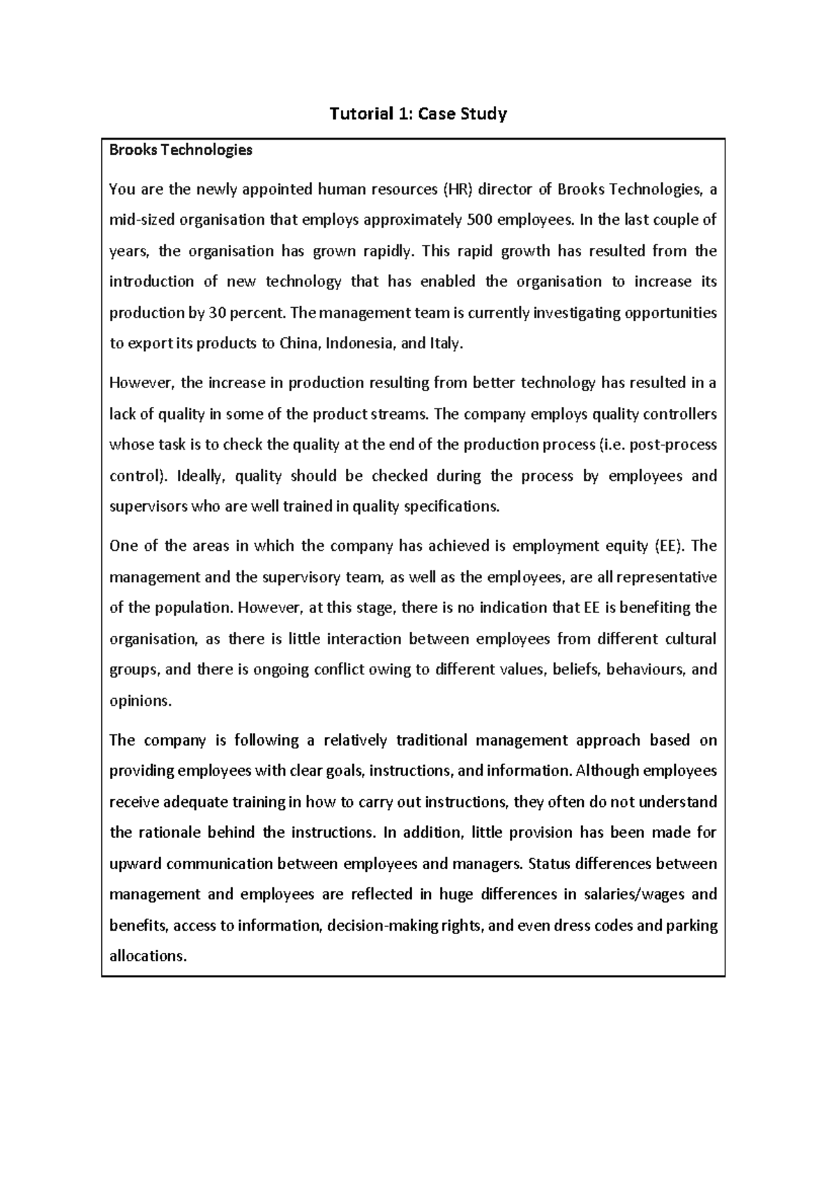 IPS 331 - Tutorial 1: Case Study on Brooks Technologies - Studocu