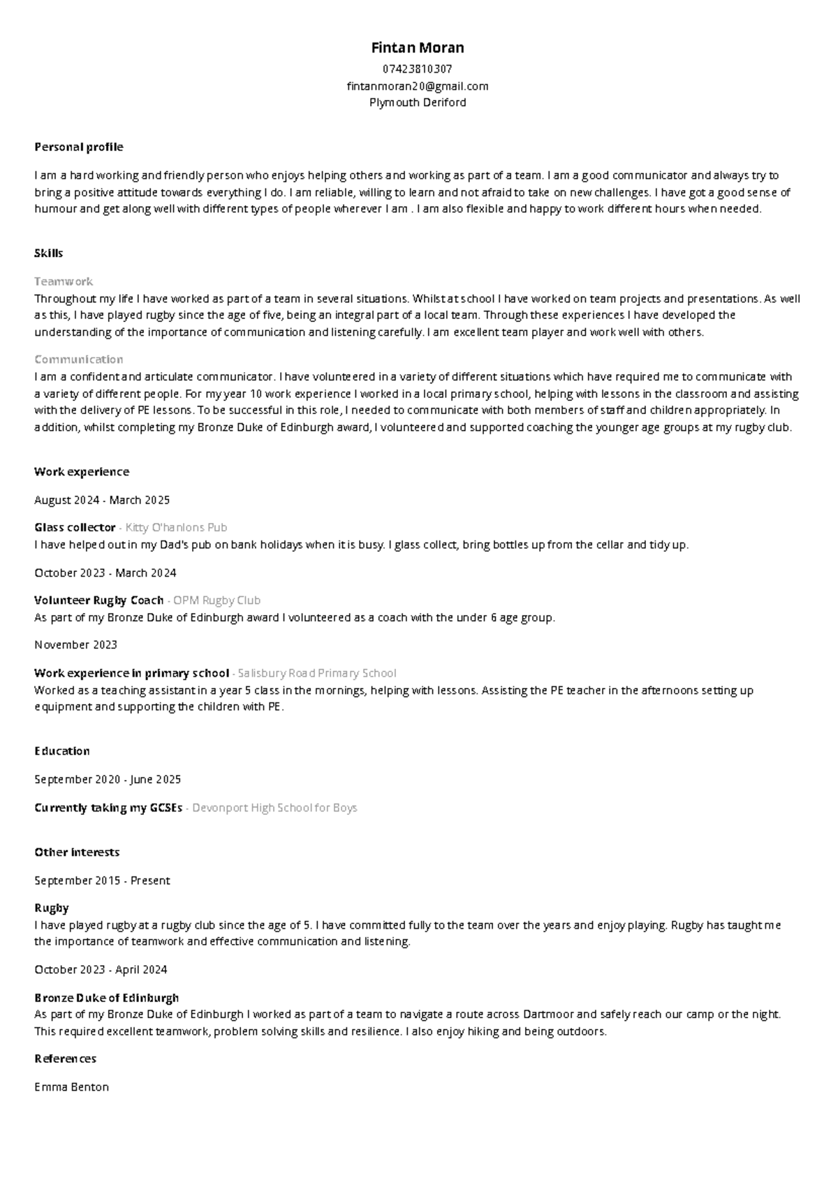 Personal Profile and Skills Overview - Fintan Moran 07423810307 - Studocu