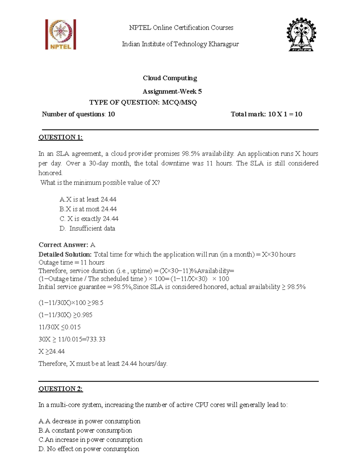 NPTEL CC Assignment 5: Cloud Computing Questions & Solutions - Studocu