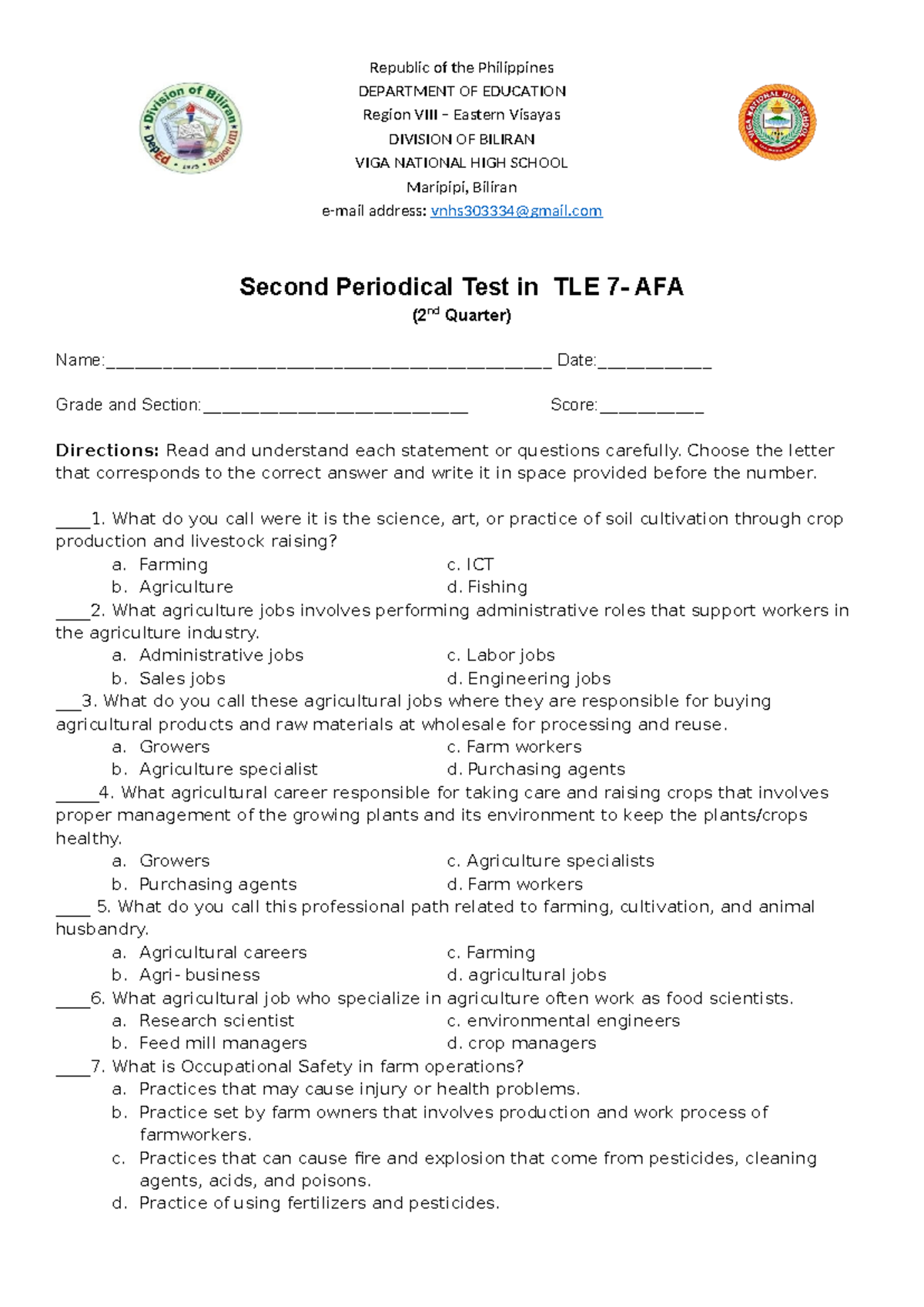 Summative Test in TLE AFA (2nd Quarter) - Lecture Notes - Studocu