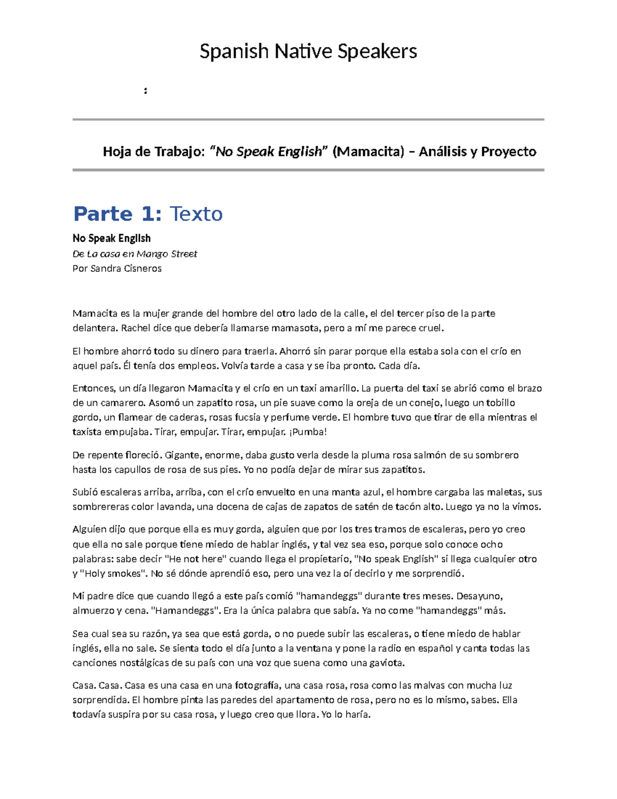 Lectura y Proyecto: Análisis de "La Casa en Mango Street" (Español ...