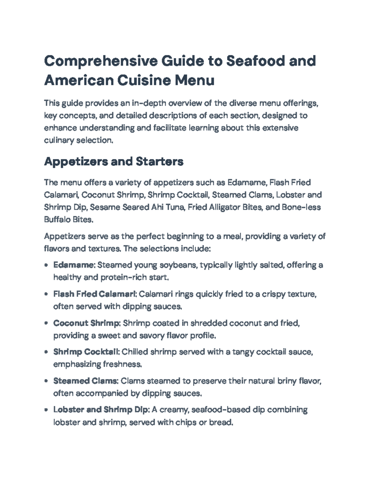 Comprehensive Menu Guide: Seafood & American Cuisine Offerings - Studocu