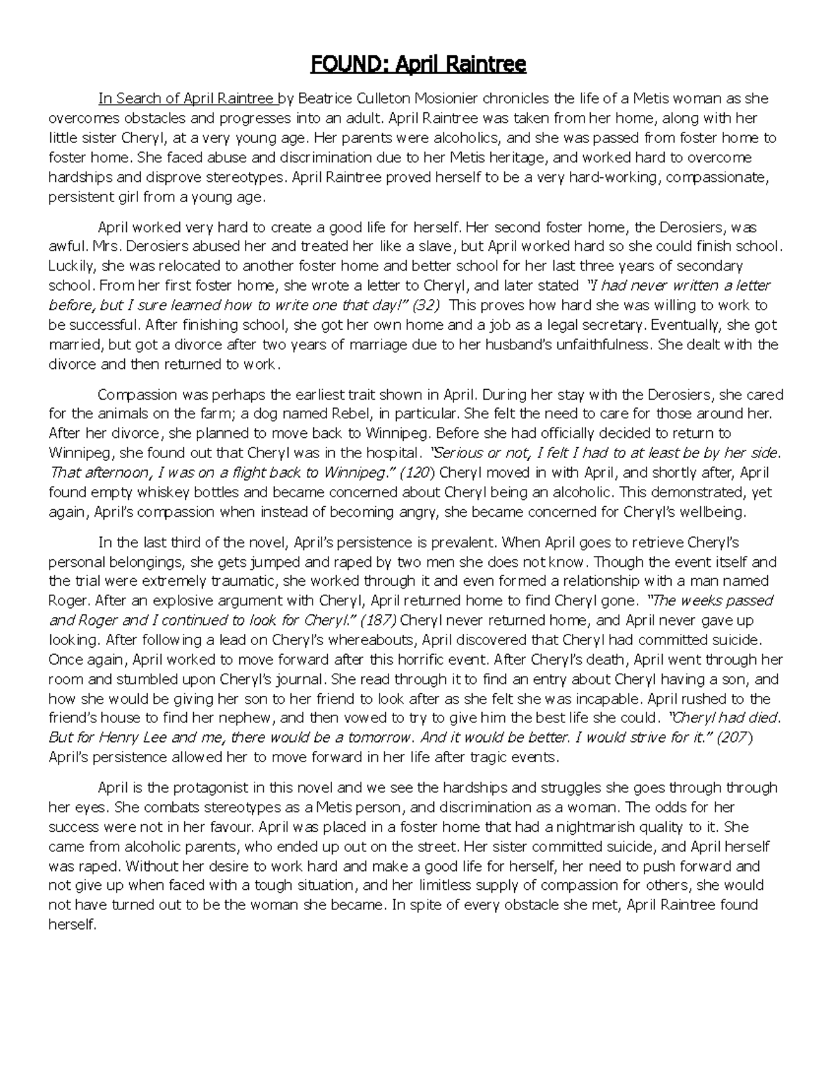 In Search of April Raintree Character Essay - FOUND: April Raintree In ...