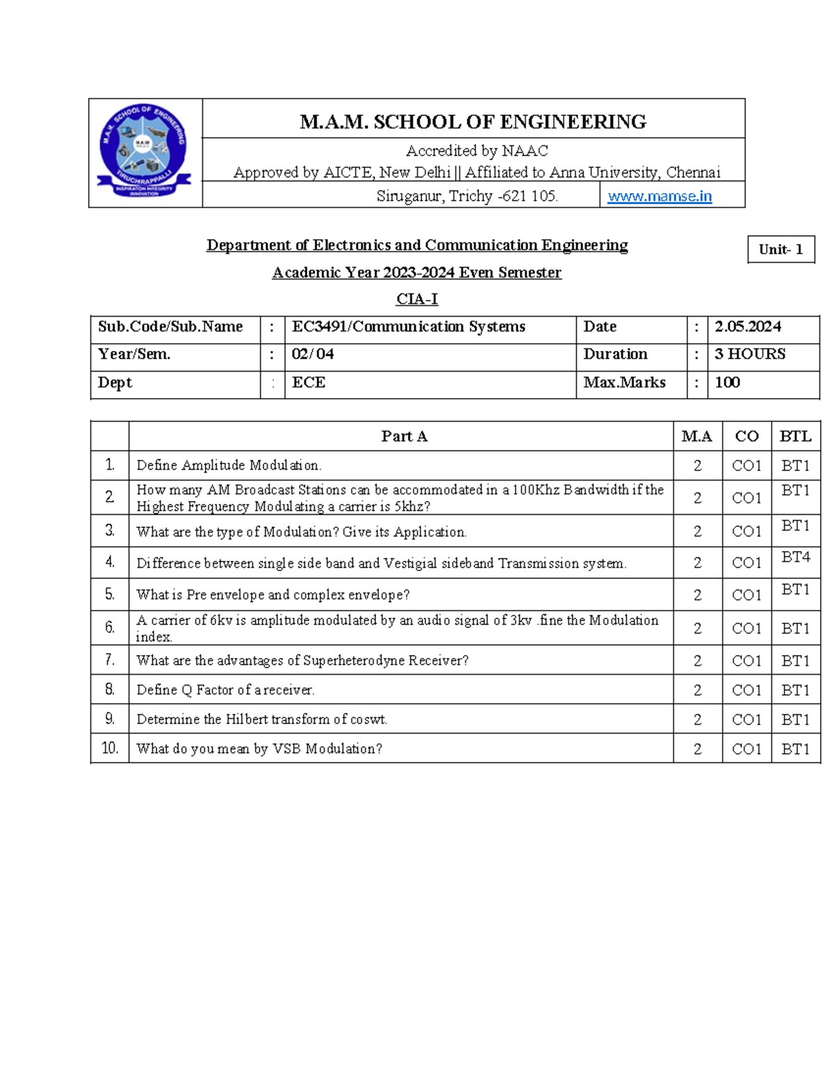 EC3491 Communication Systems CIA-I & II Question Bank - Studocu