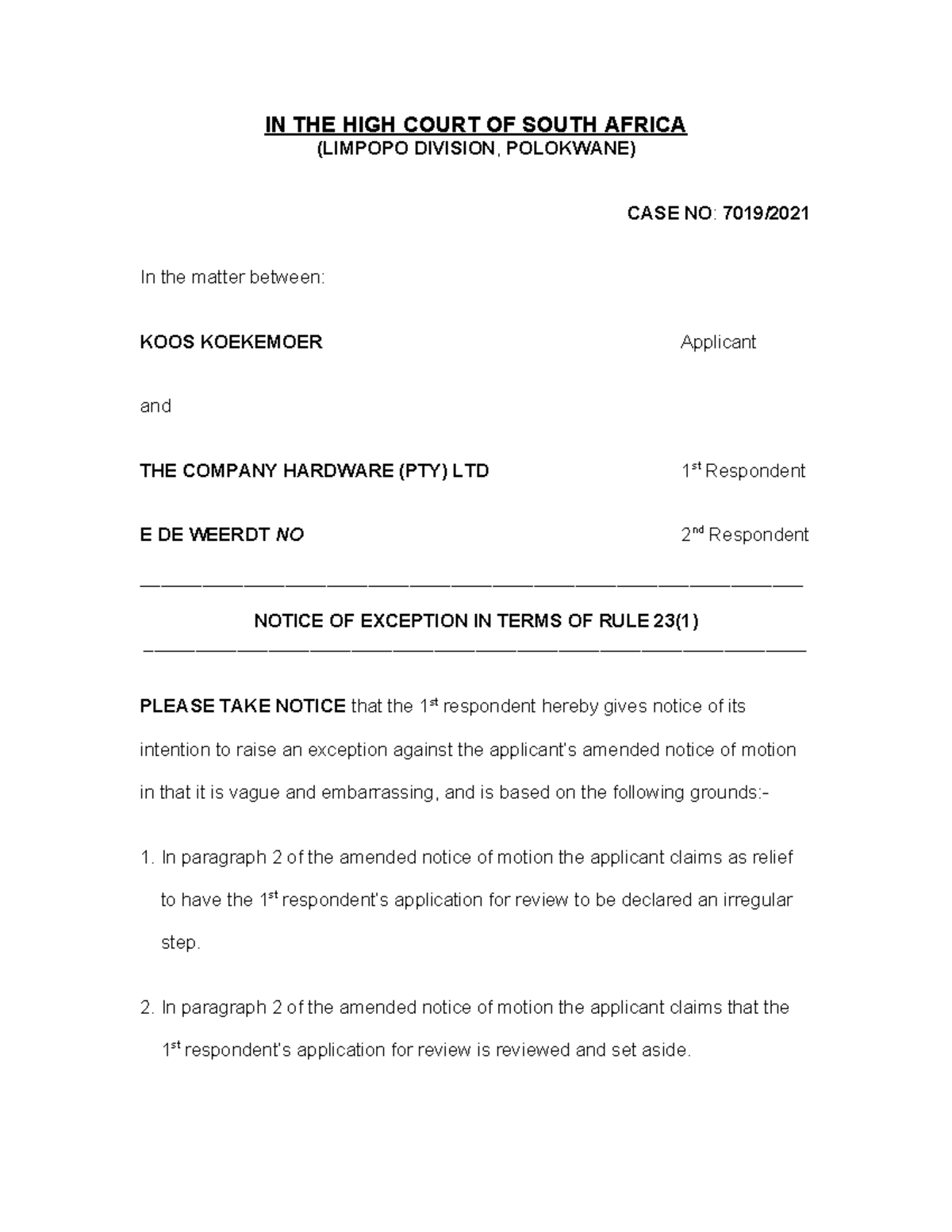 Notice of Exception - High Court Case No: 7019/2024 - Studocu