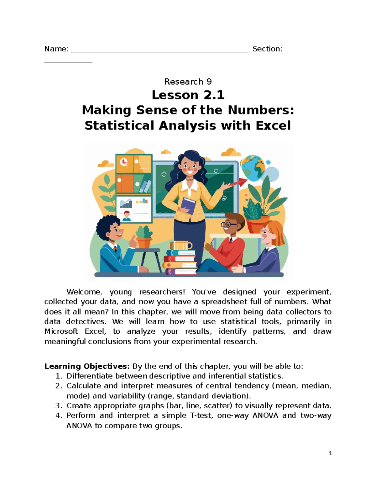 Research 9 Lesson 2.1: Statistical Analysis with Excel - Studocu