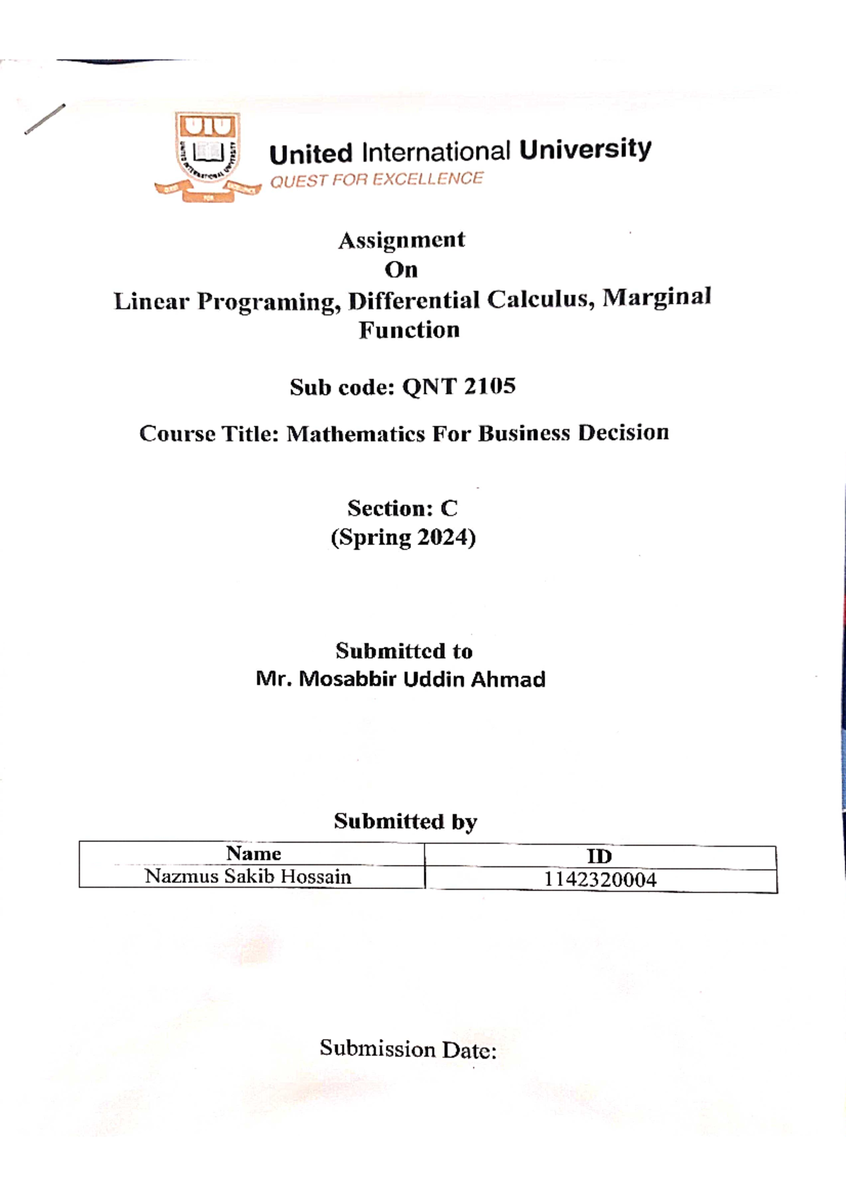 UIU BMT 2 Assignment #1 - UIU United International University QUEST FOR ...