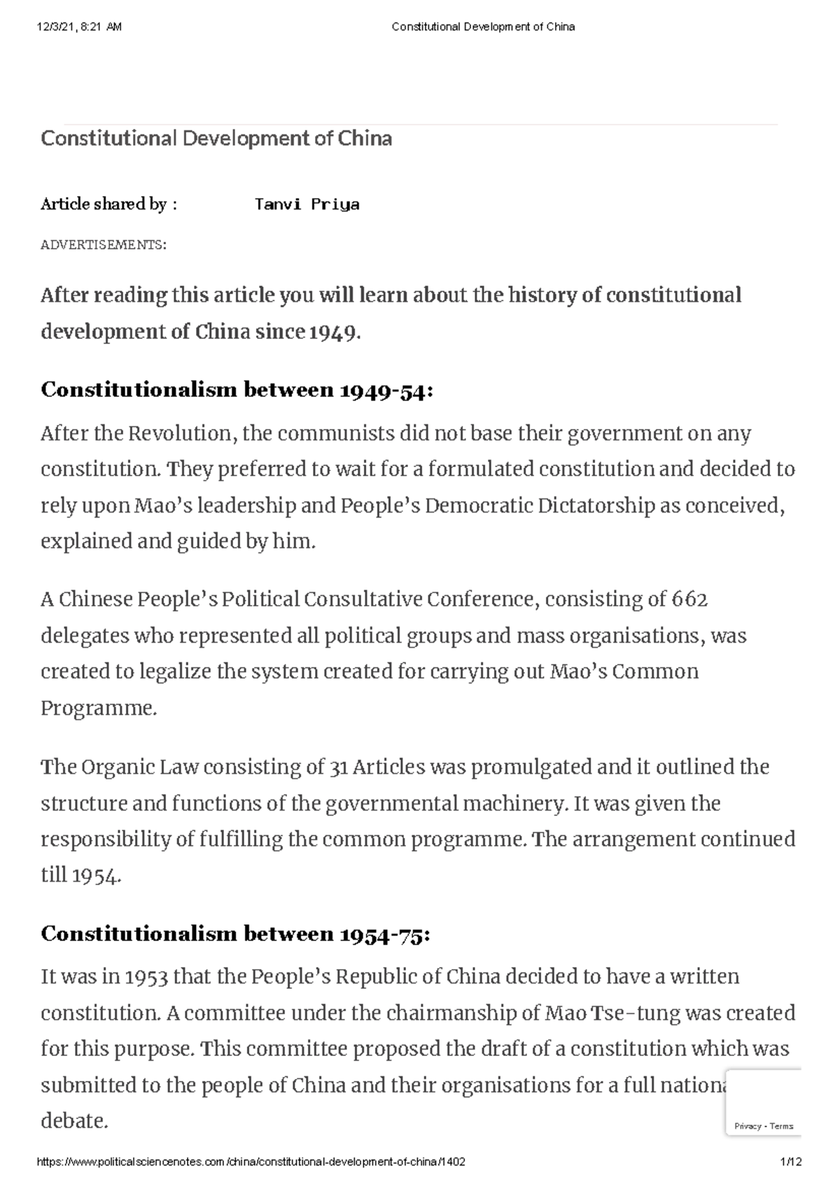 Constitutional Development of China: 1949-1954 Overview - Studocu