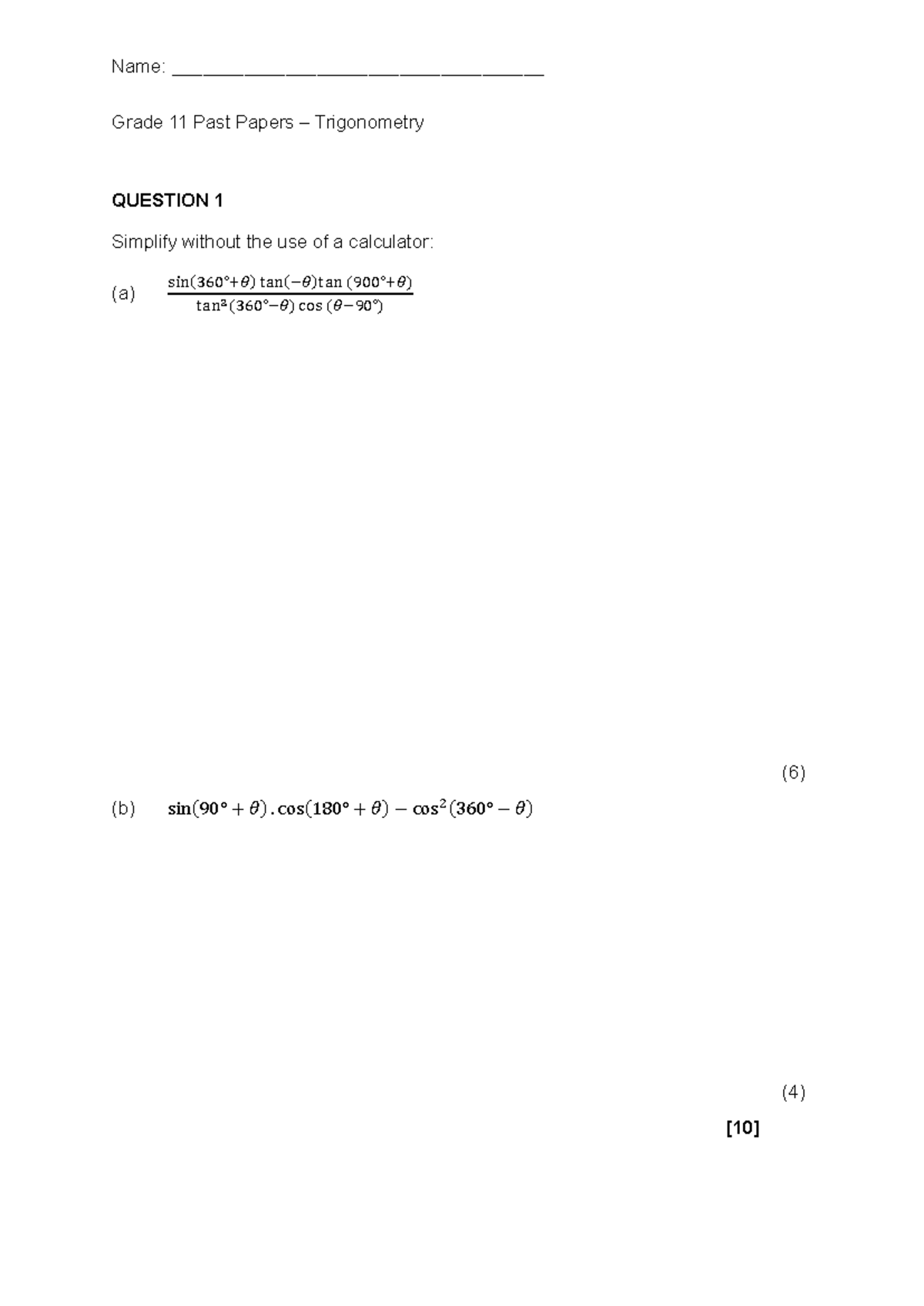Grade 11 & 12 Trigonometry Past Papers - Study Guide - Studocu